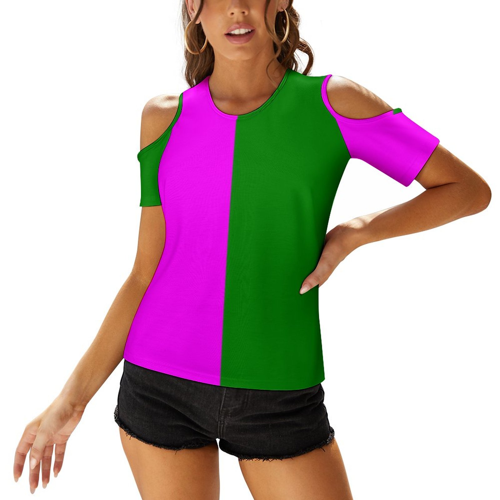 Green And Pink New Fashion Zip Off Shoulder Top Short-Sleeve Women ...