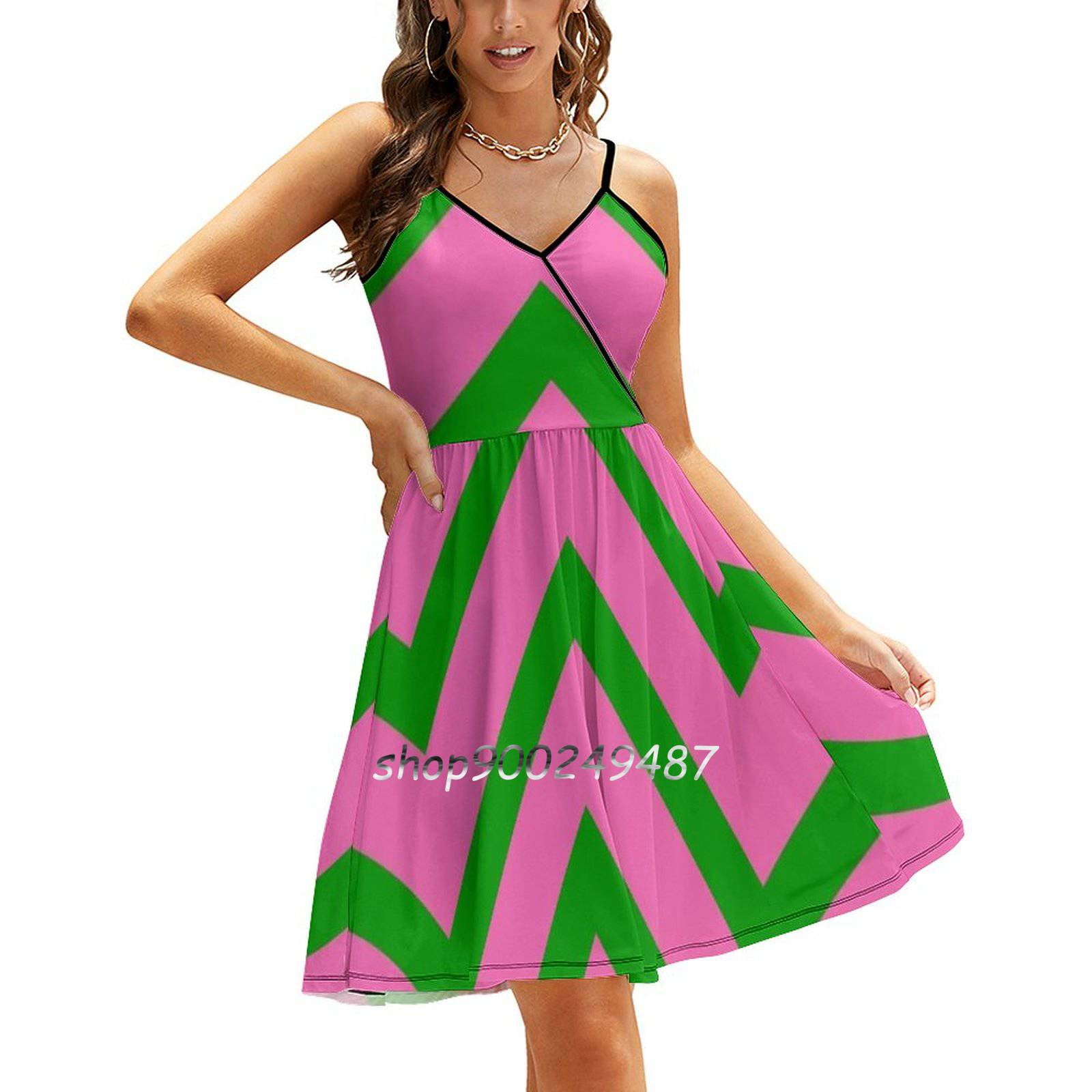 Green And Pink Zig Zag Pink And Green Square Neck Dress Sweet Summer Dress Women Elegant Halter ...