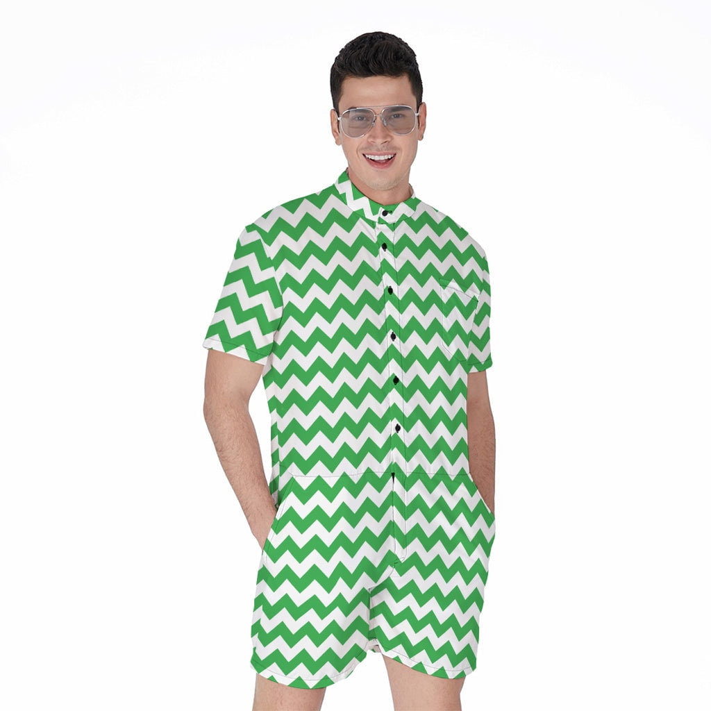 Green And White Chevron Pattern Short Sleeve Men'S Rompers, Chevron ...