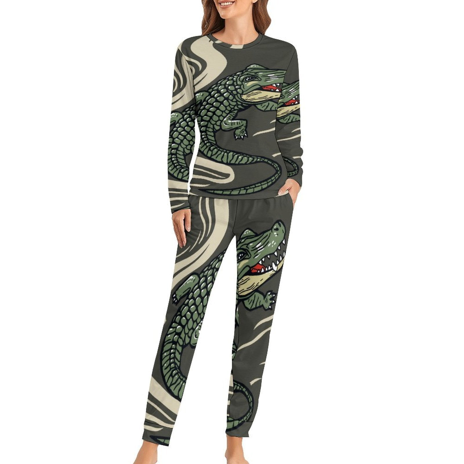 Green Angry Crocodile Pajamas 2 Pieces Pajama Sets Woman Long Sleeve ...
