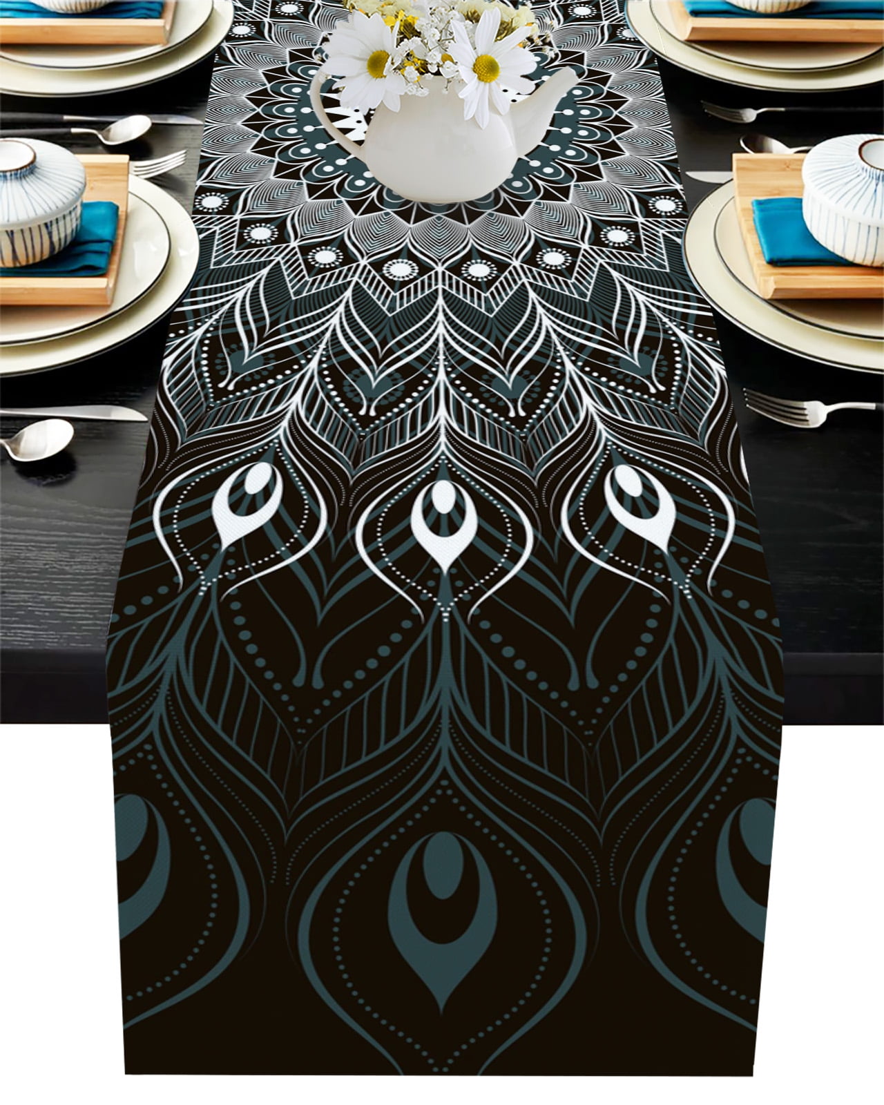 Green Animal Peacock Feather Table Runner Wedding Party Table Runners ...