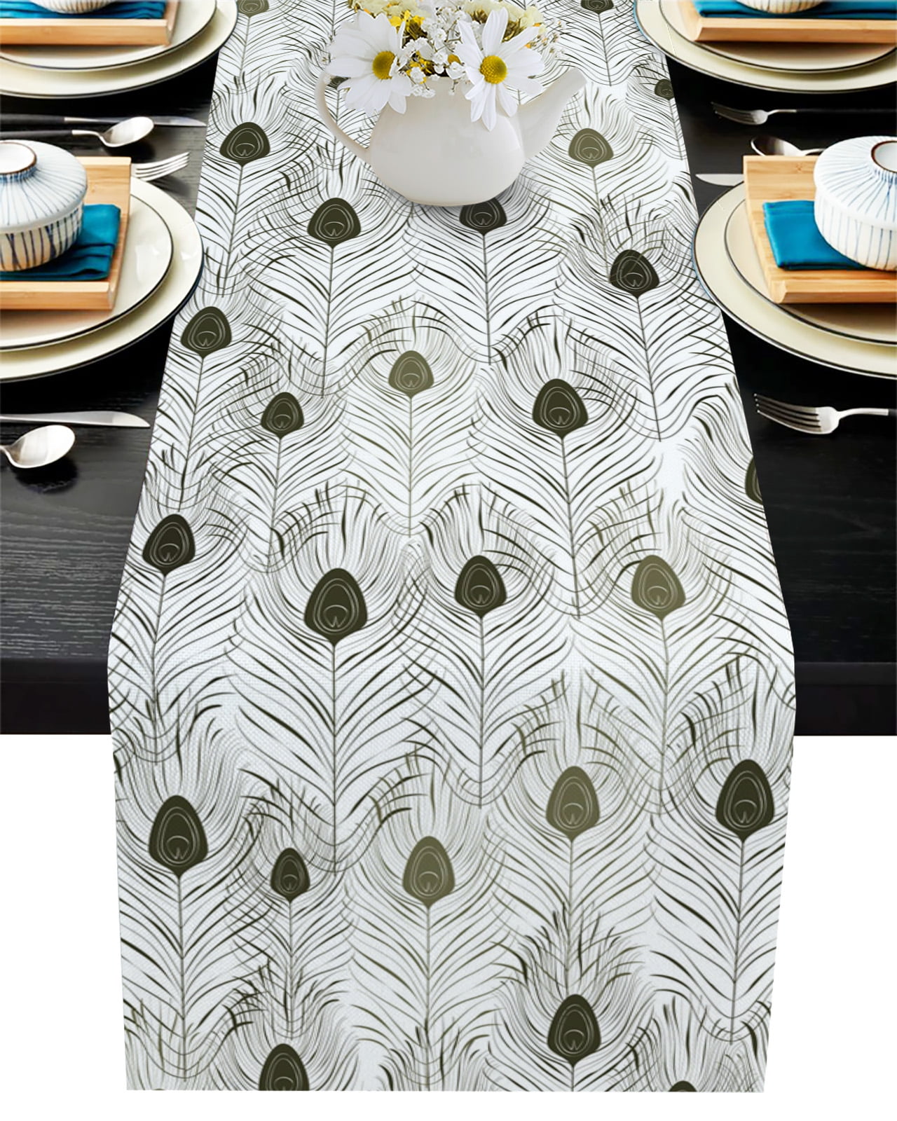Green Animal Peacock Feather Table Runner Wedding Party Table Runners ...