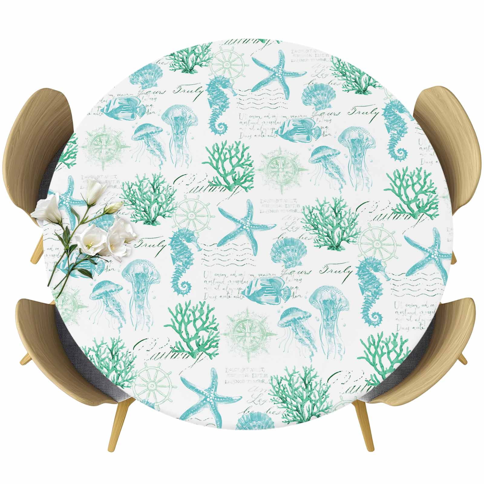 Green Aqua Coastal Round Tablecloth 55-60 Inch Round Fitted Table Cloth ...