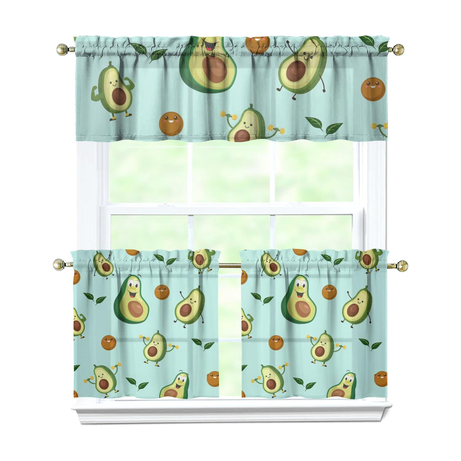 Green Avocado Pattern Kitchen Curtains - 3 Pack Kawaii Fruit Design ...