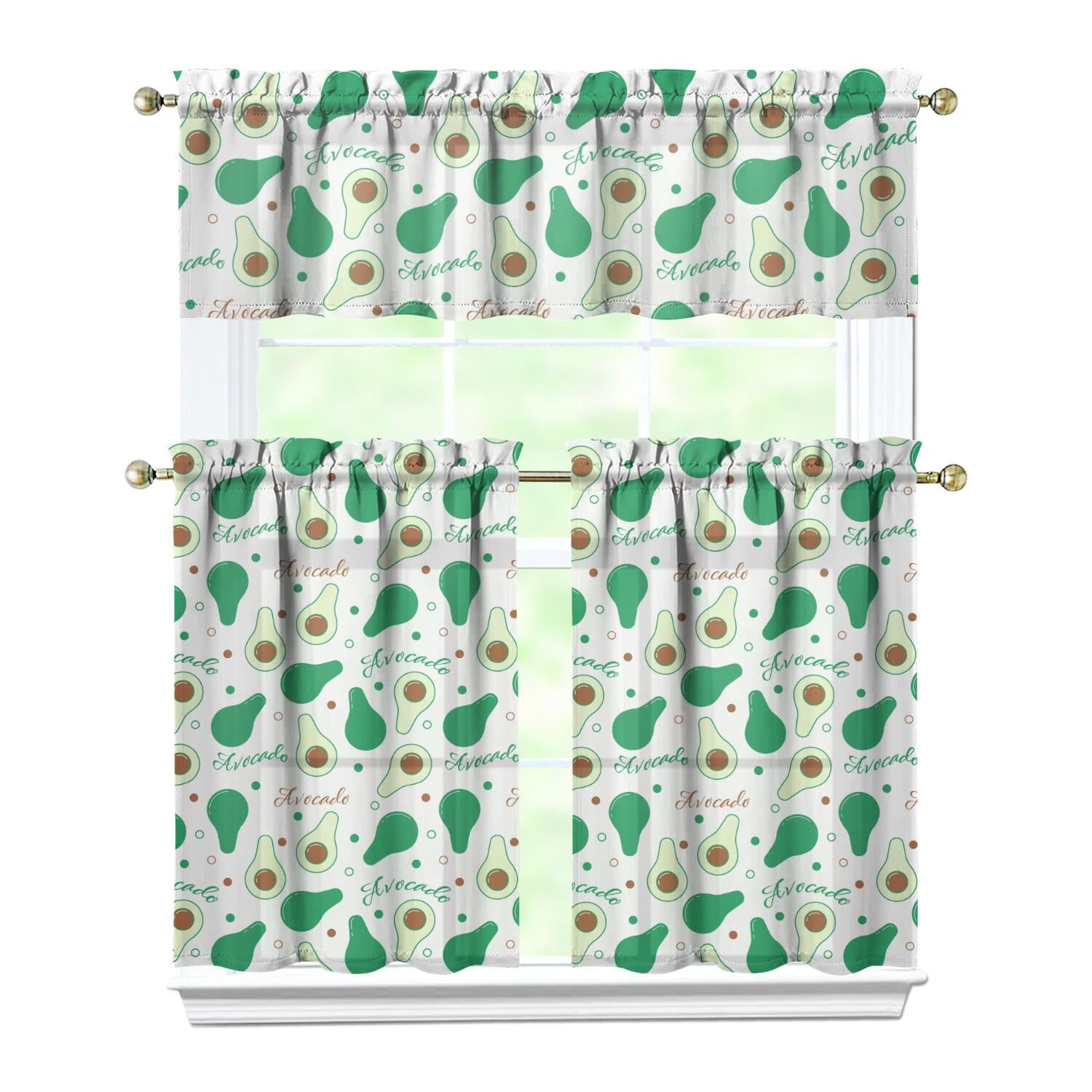 Green Avocado Print Kitchen Curtains Set, Fresh Fruit Tier and Valance ...