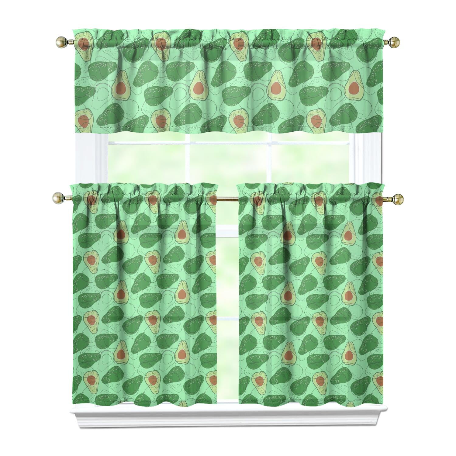 Green Avocados Kitchen Curtains Set with Fruit Pattern Tier and Valance ...