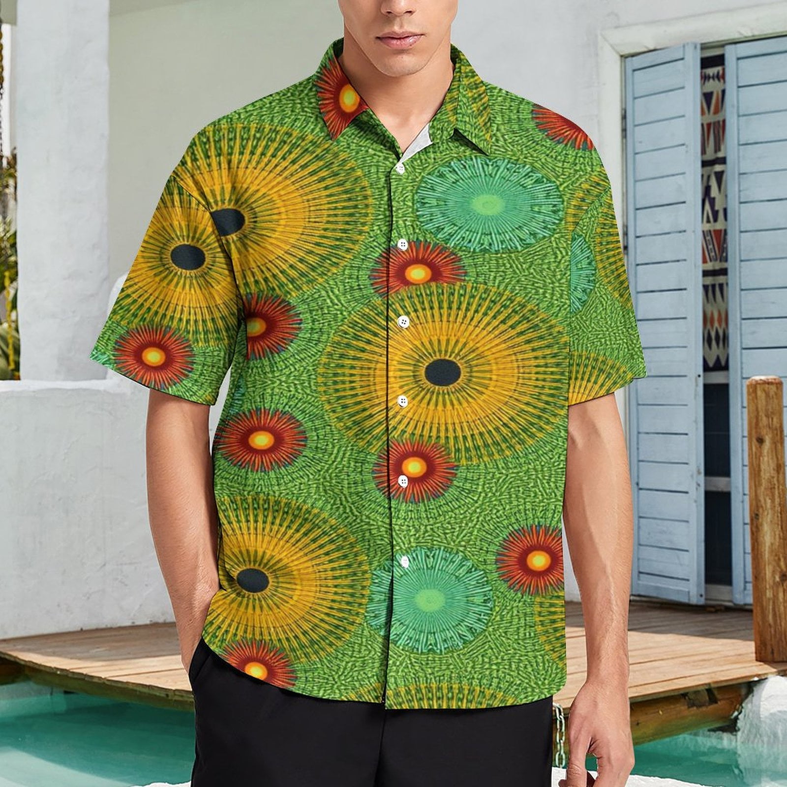 Green Background Colorful Circular Pattern Design Summer Shirt For Mens ...