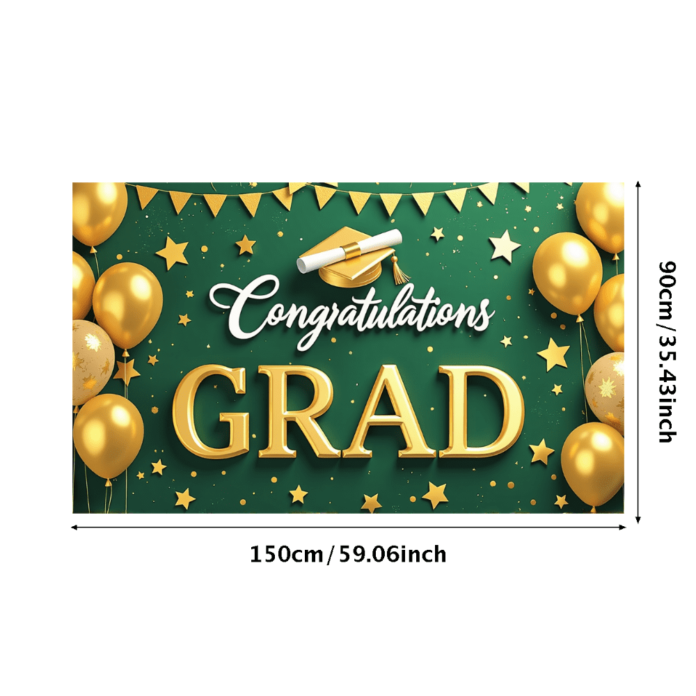 Green Background Congratulations Grad Banner with Gold Balloons Stars ...