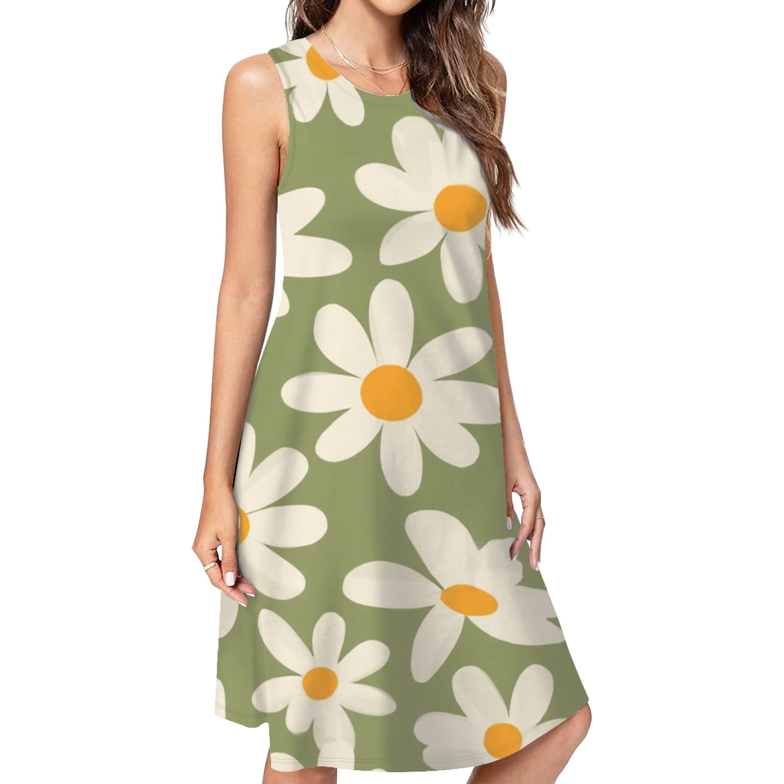 Green Background Daisy Flower Pattern Dress Loose Women'S Dress Beach ...