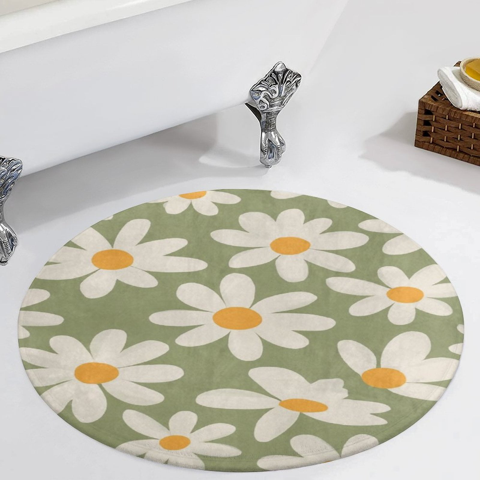 Green Background Daisy Flower Pattern Round Carpet Circle Rug Outdoor ...