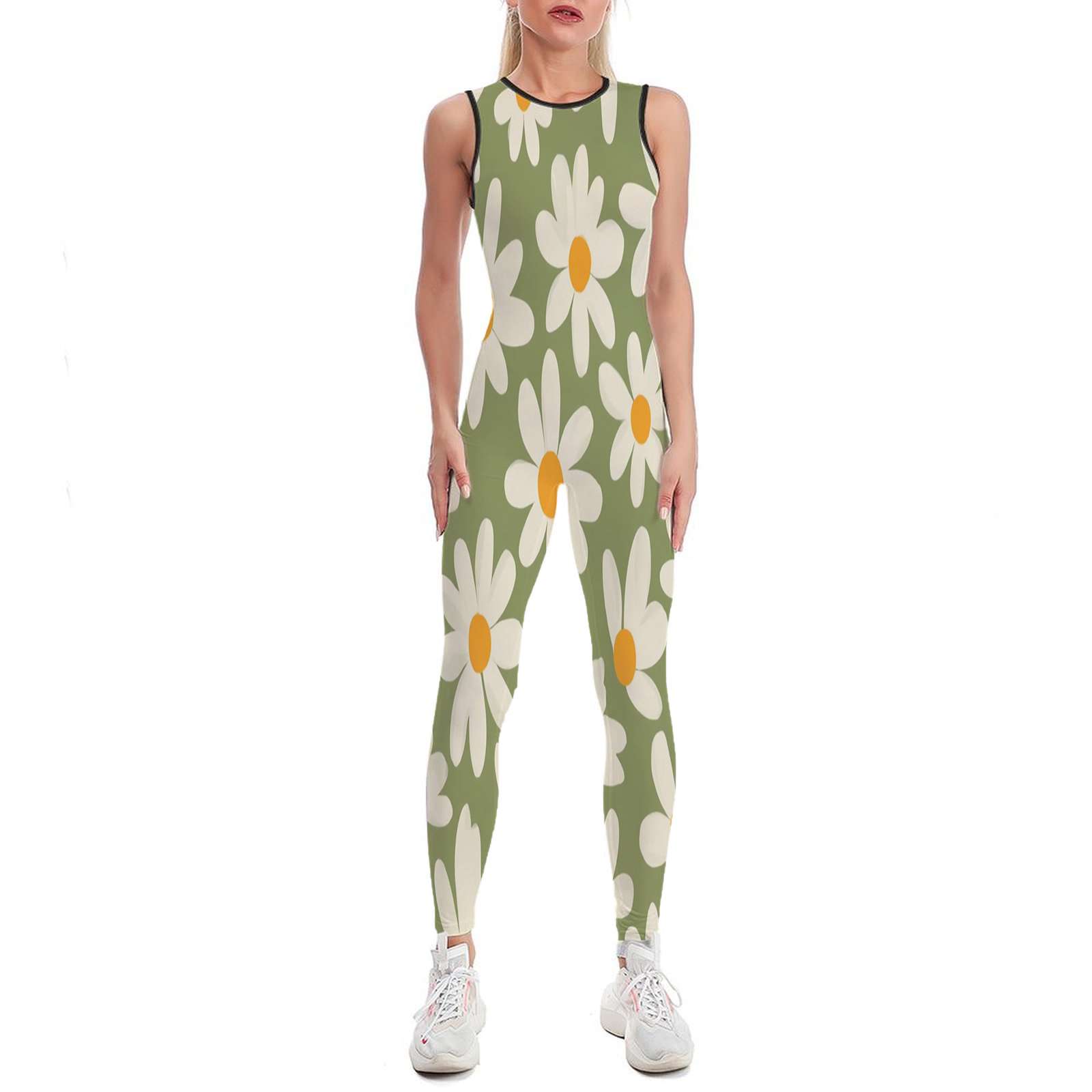 Green Background Daisy Flower Pattern Women's One Piece Yoga Jumpsuits ...