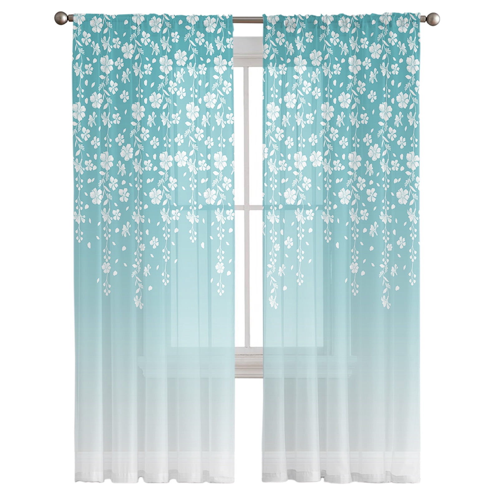 Green Background White Flower Translucent Tulle Curtains for Living ...