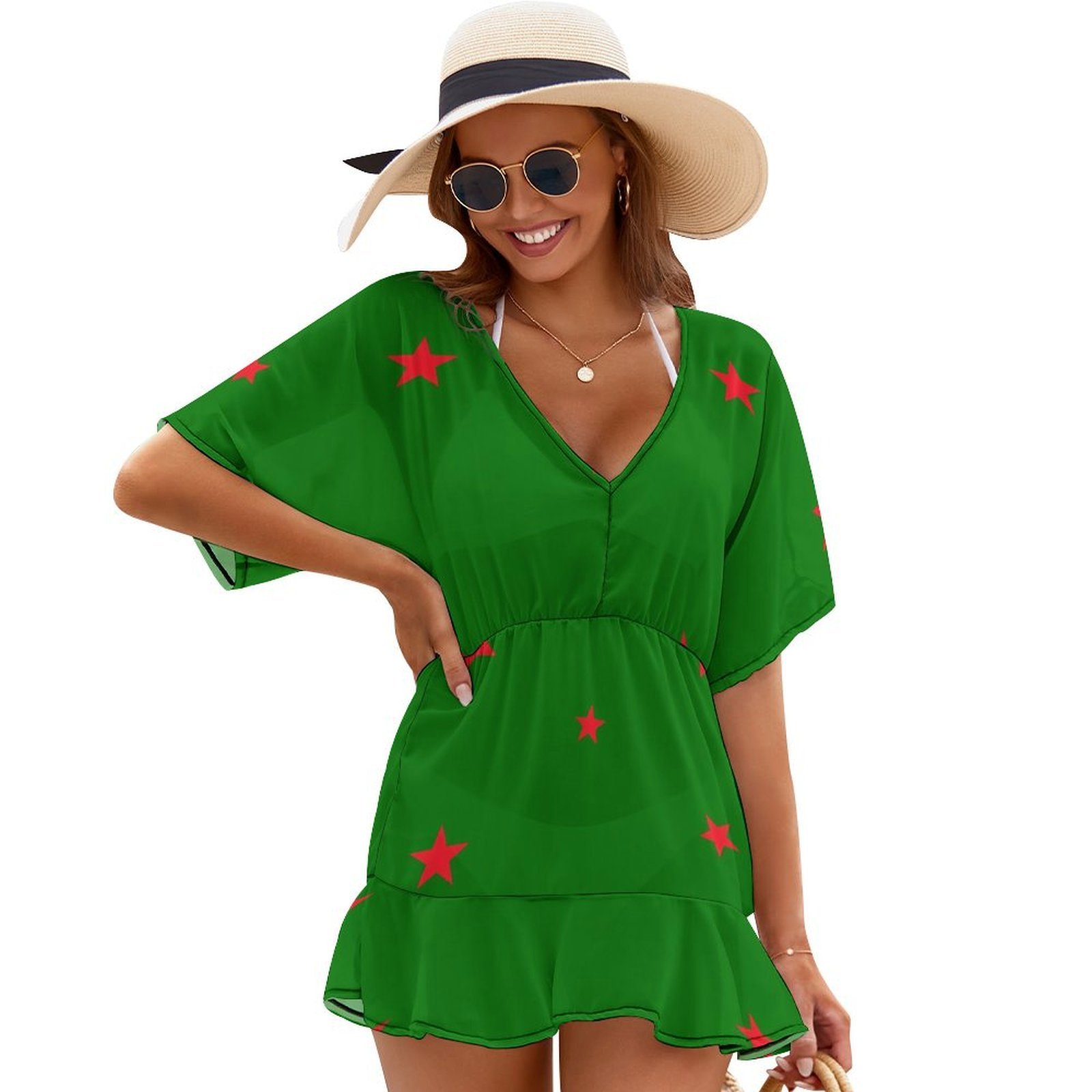 Green Background with Red Stars Women's Luxury Party Dress Evening ...
