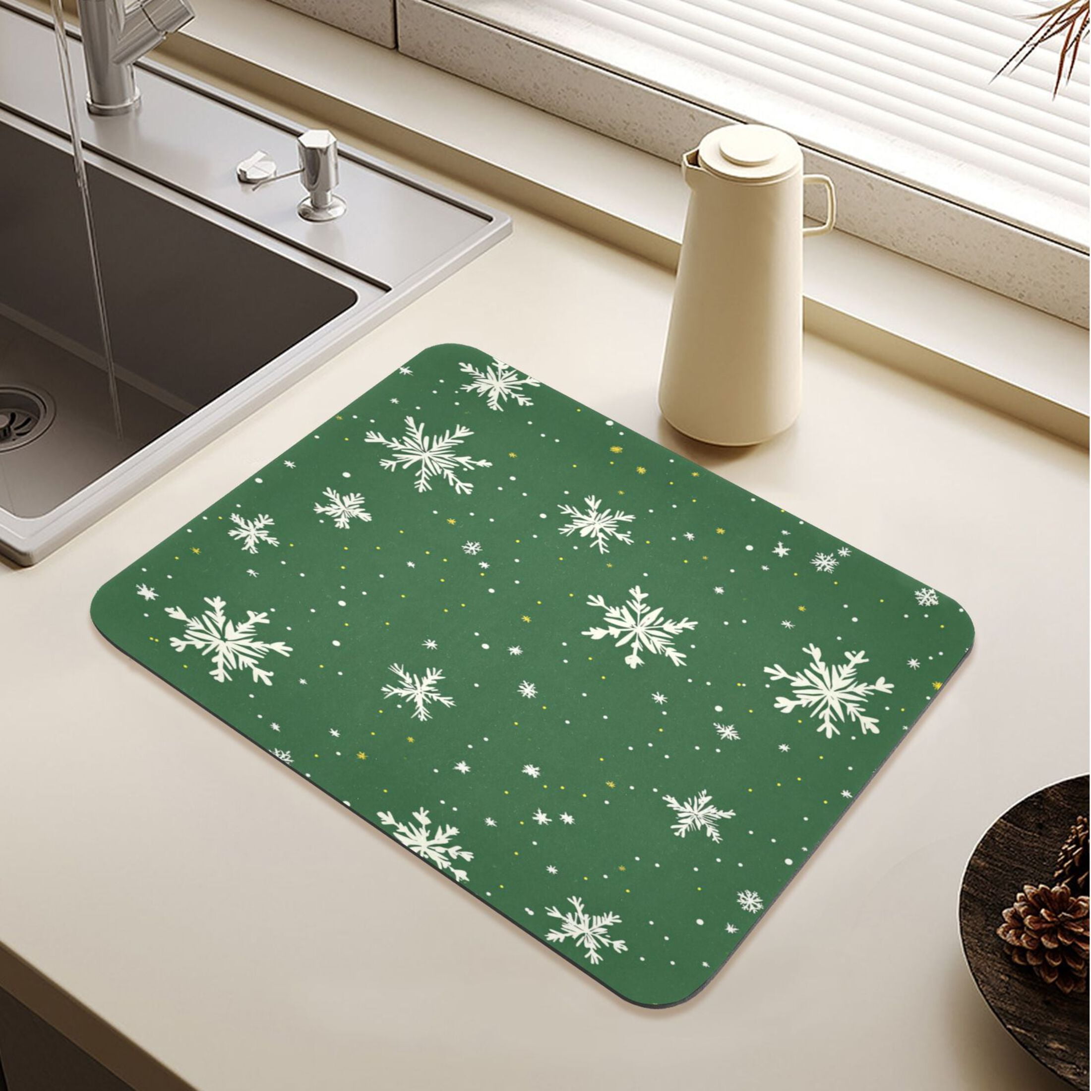 Green Background with Snowflakes Drying Mat Diatomaceous Earth Super ...