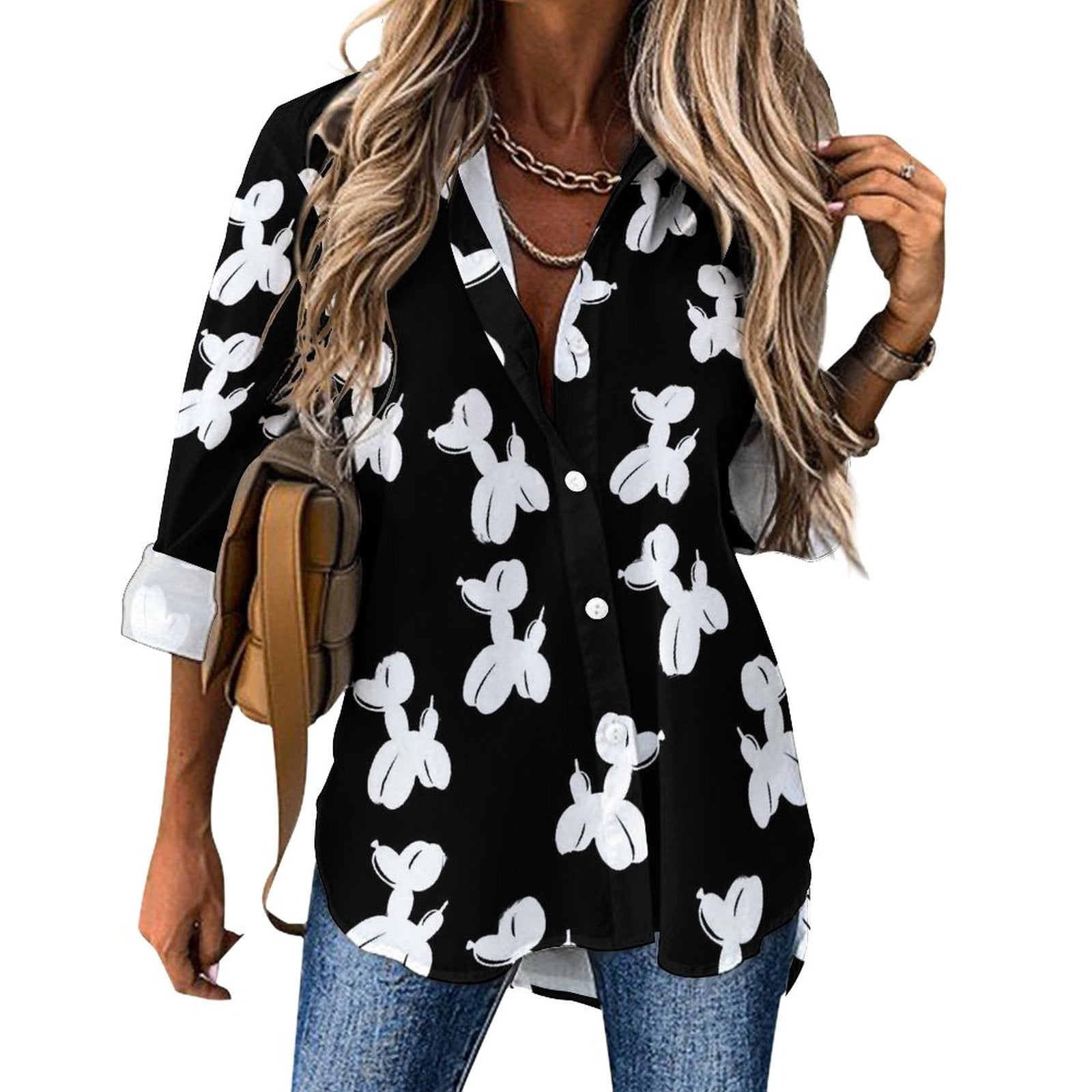 Green Balloon Animal Loose Blouse Fun DogOversized Blouses Woman Long ...