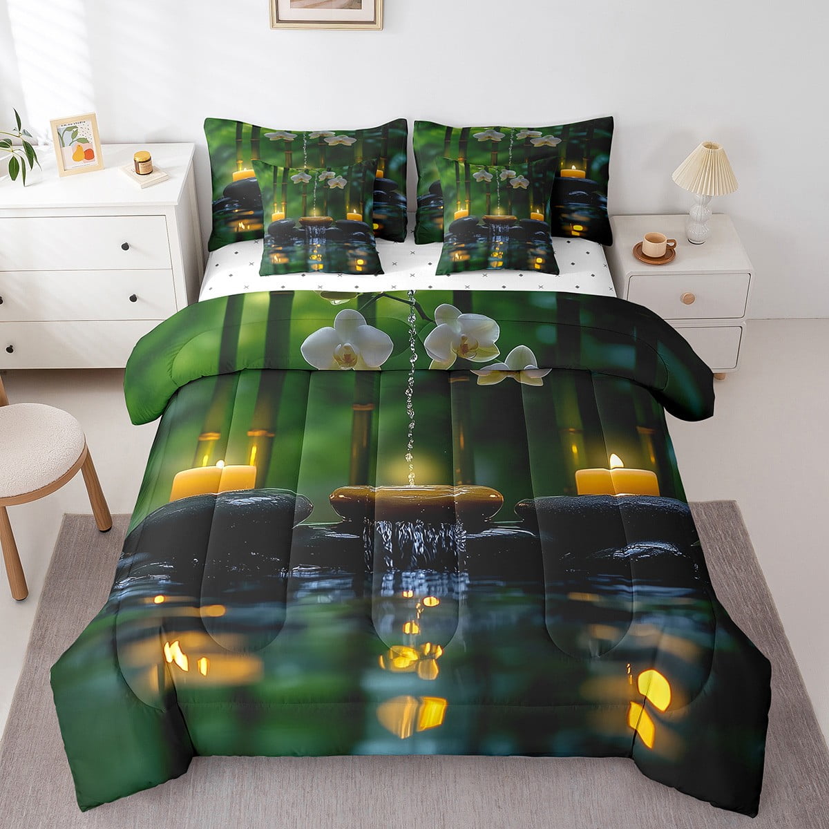 Green Bamboo Bedding Set Zen Stones Room Decor Comforter 7 Pieces,Full ...