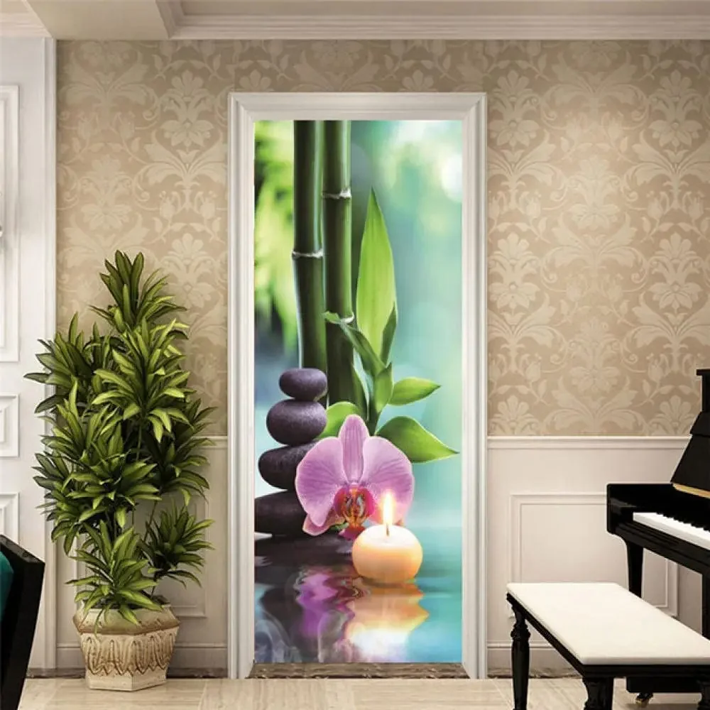 Green Bamboo Forest Door Stickers Wallpaper Ink Painting Style Decals ...