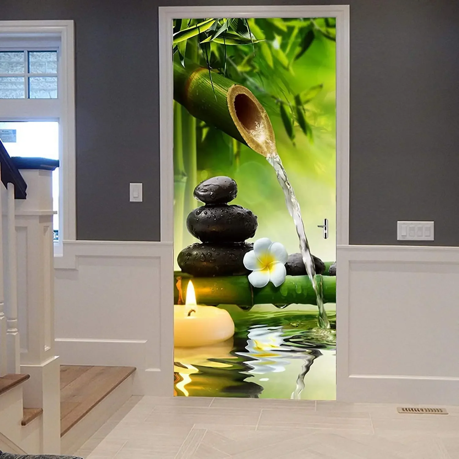Green Bamboo Forest Door Stickers Wallpaper Ink Painting Style Decals ...