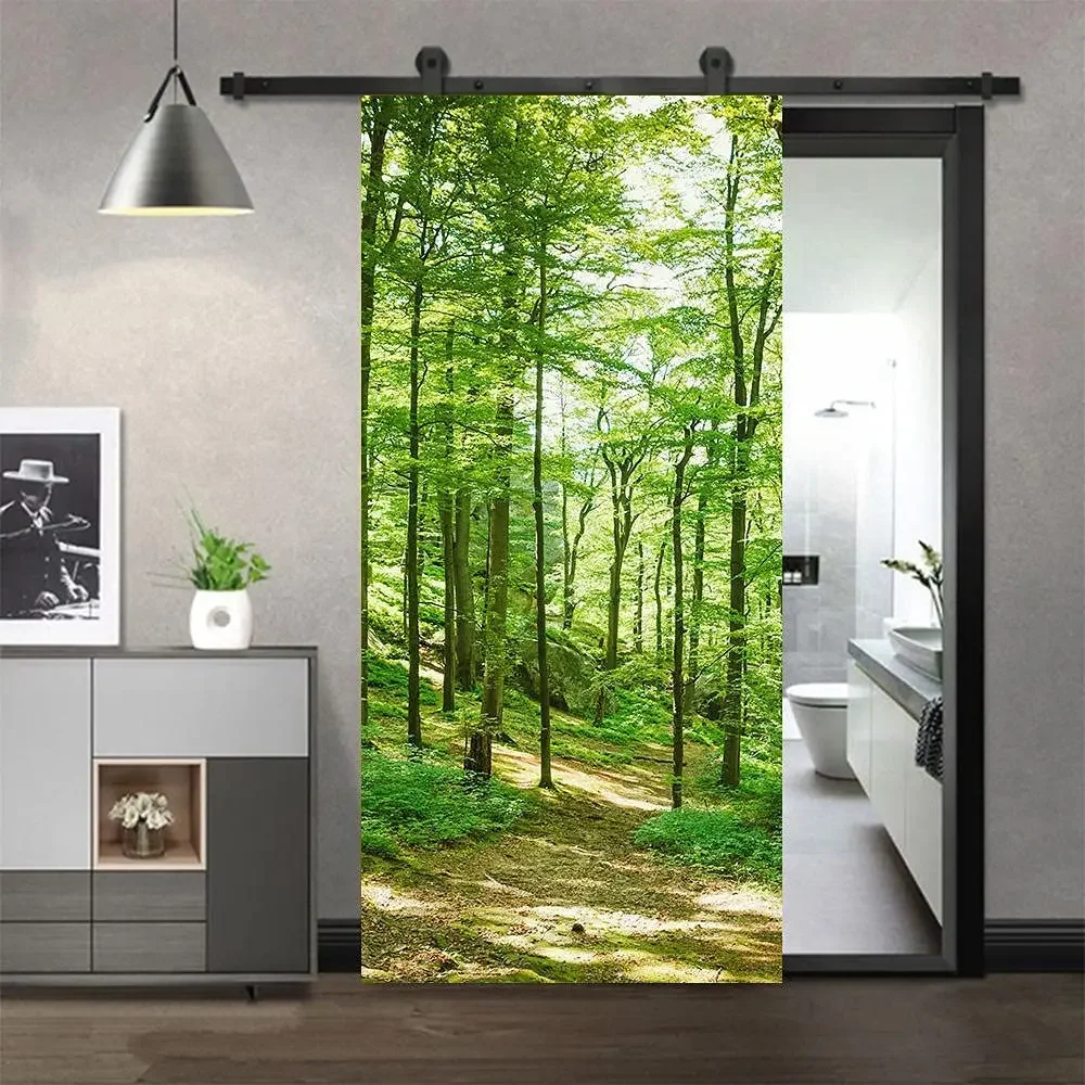 Green Bamboo Forest Door Stickers Wallpaper Ink Painting Style Decals ...