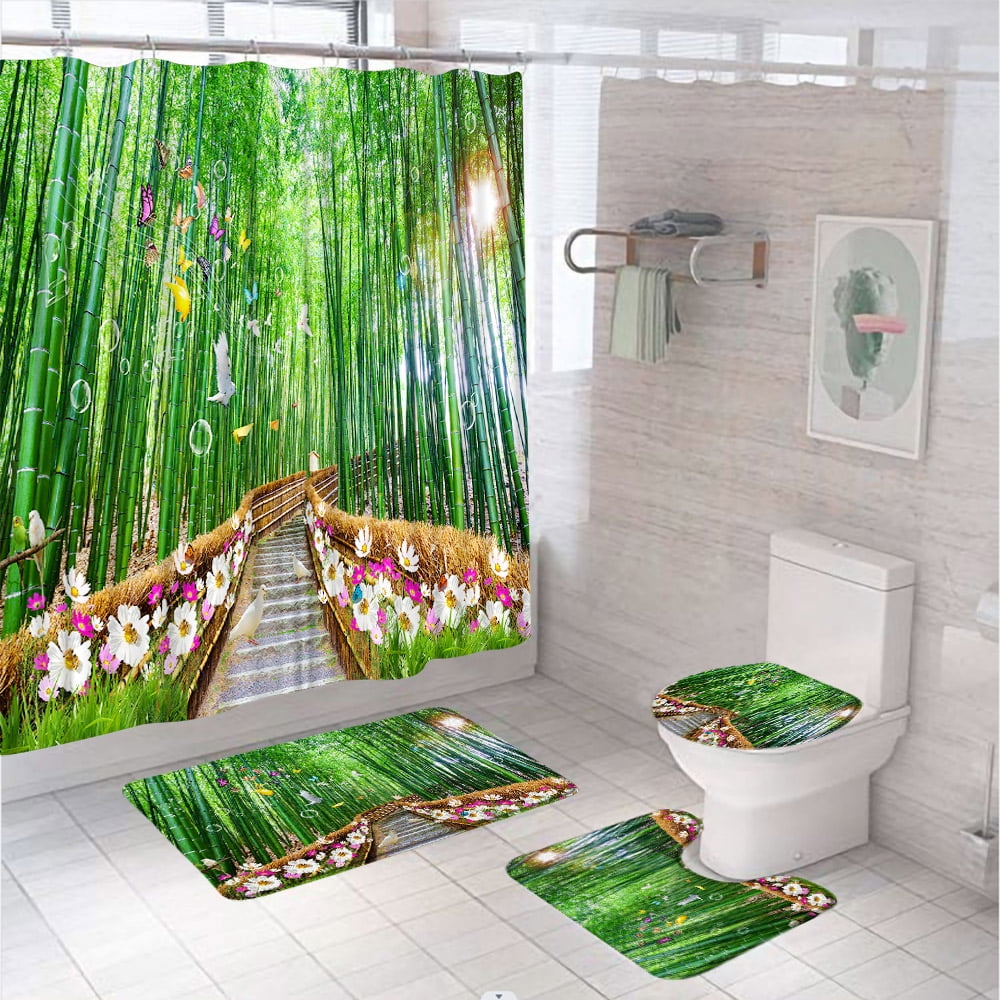 Green Bamboo Forest Scenery Shower Curtain Sets Lotus Flowers Wood ...