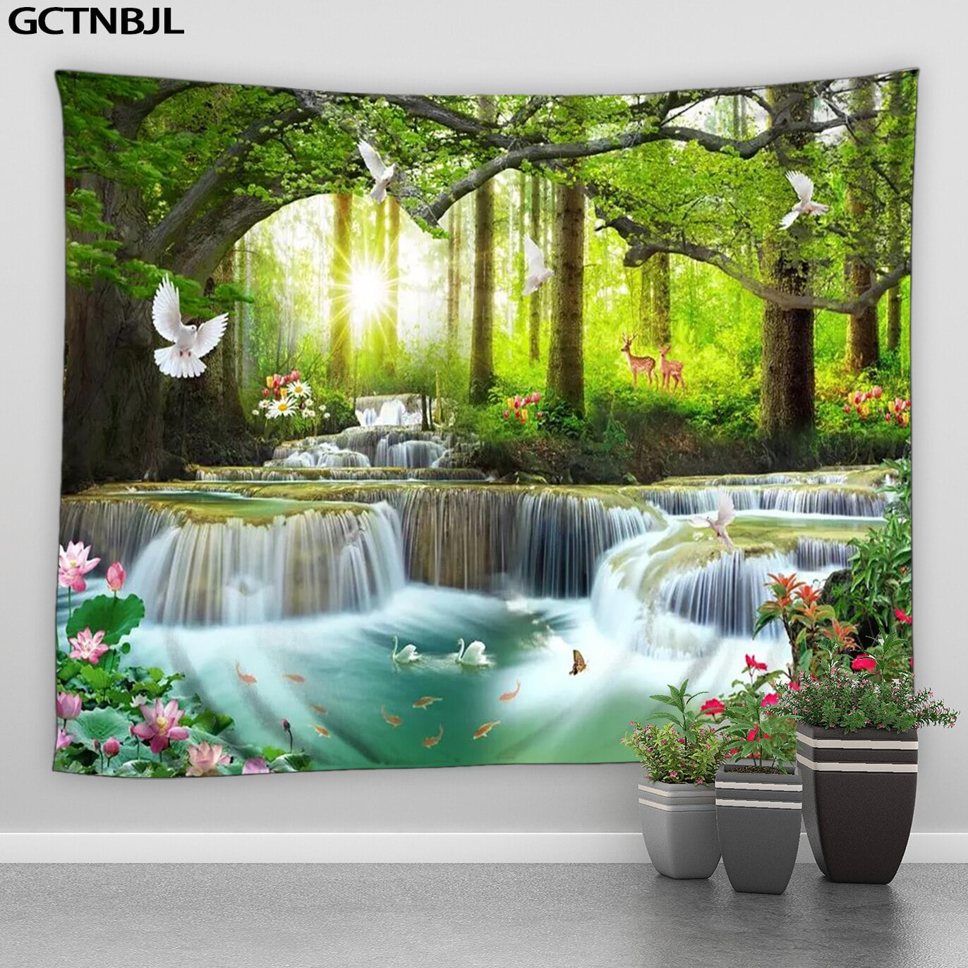 Green Bamboo Forest Scenery Tapestry Wall Hanging Waterfall Home Living ...