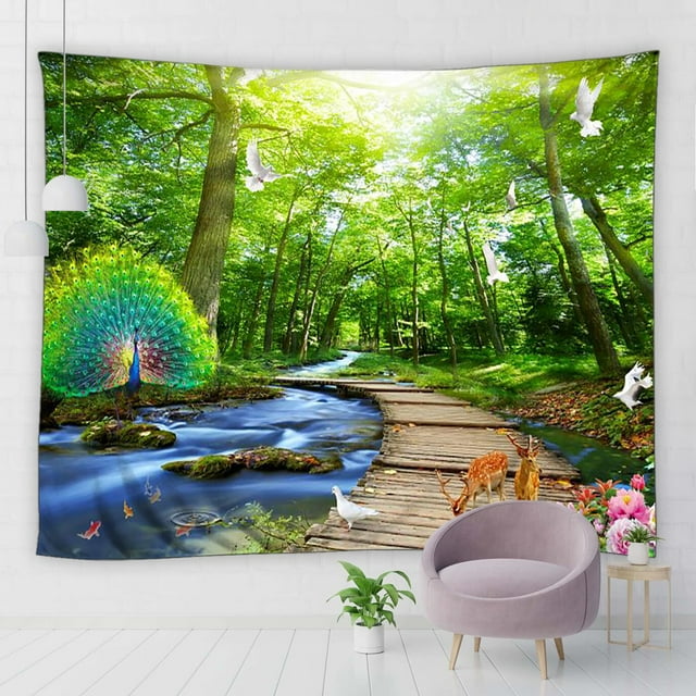 Green Bamboo Forest Tapestry Wall Hanging Woods Peacock White Dove Deer ...