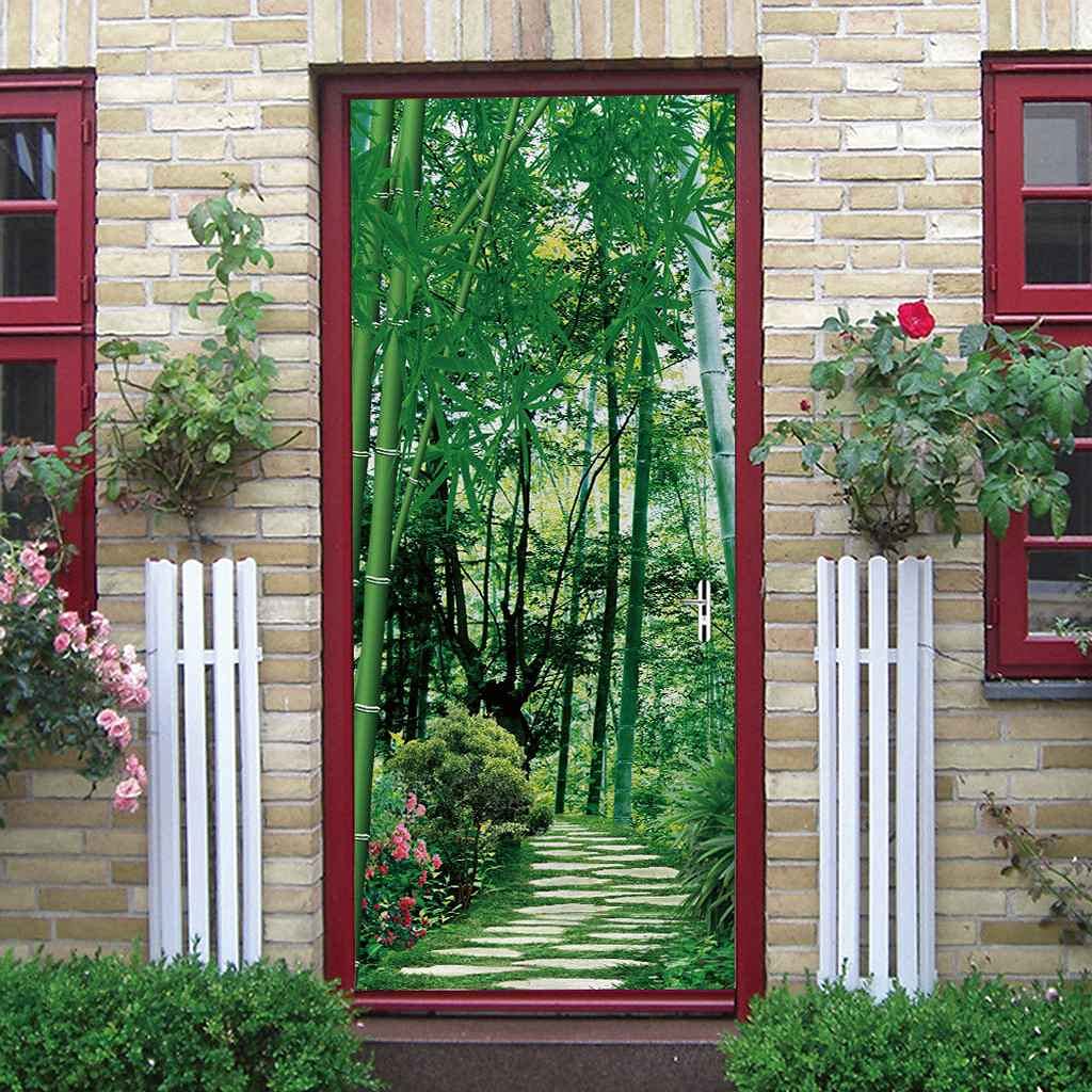 Green Bamboo Phalaenopsis 3D Door StickerWallpaper for Bathroom ...