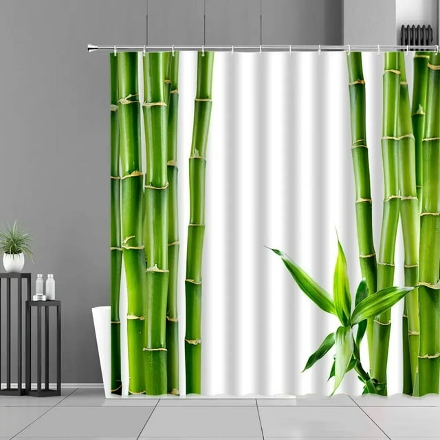 Green Bamboo Plants Leaf Shower Curtains Zen Stone Flower Landscape For