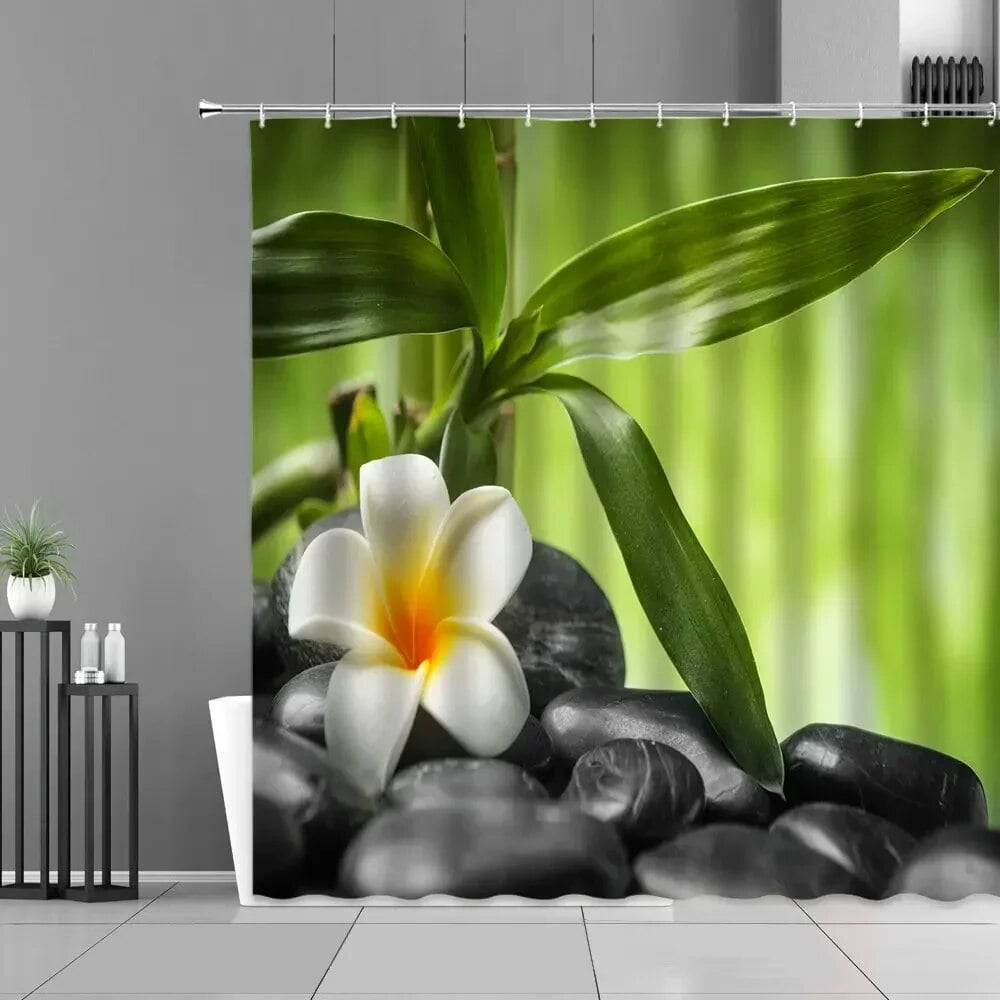 Green Bamboo Plants Leaf Shower Curtains Zen Stone Flower Landscape For ...