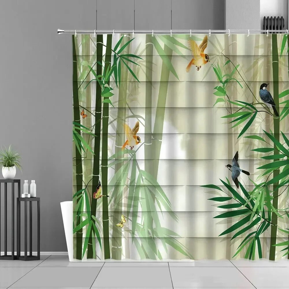 Green Bamboo Plants Leaf Shower Curtains Zen Stone Flower Landscape For ...
