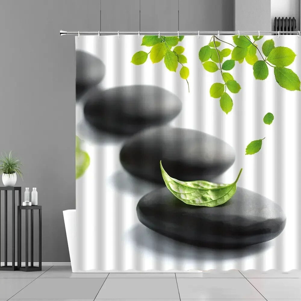 Green Bamboo Plants Leaf Shower Curtains Zen Stone Flower Landscape For ...