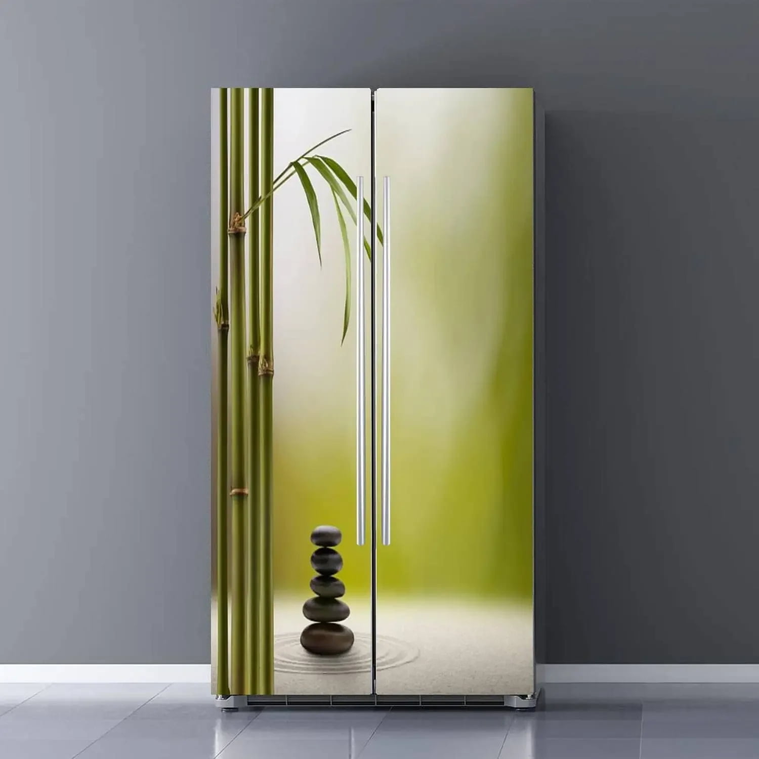 Green Bamboo Refrigerator Sticker Self Adhesive Bamboo Forest Zen Stone ...