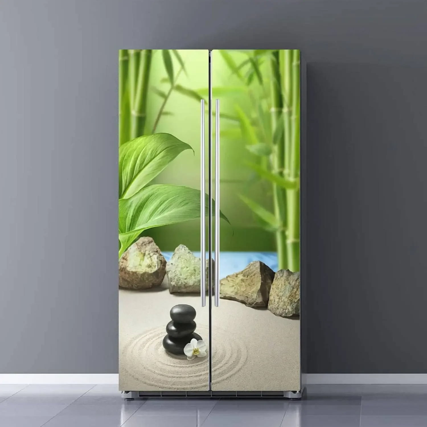Green Bamboo Refrigerator Sticker Self Adhesive Bamboo Forest Zen Stone ...