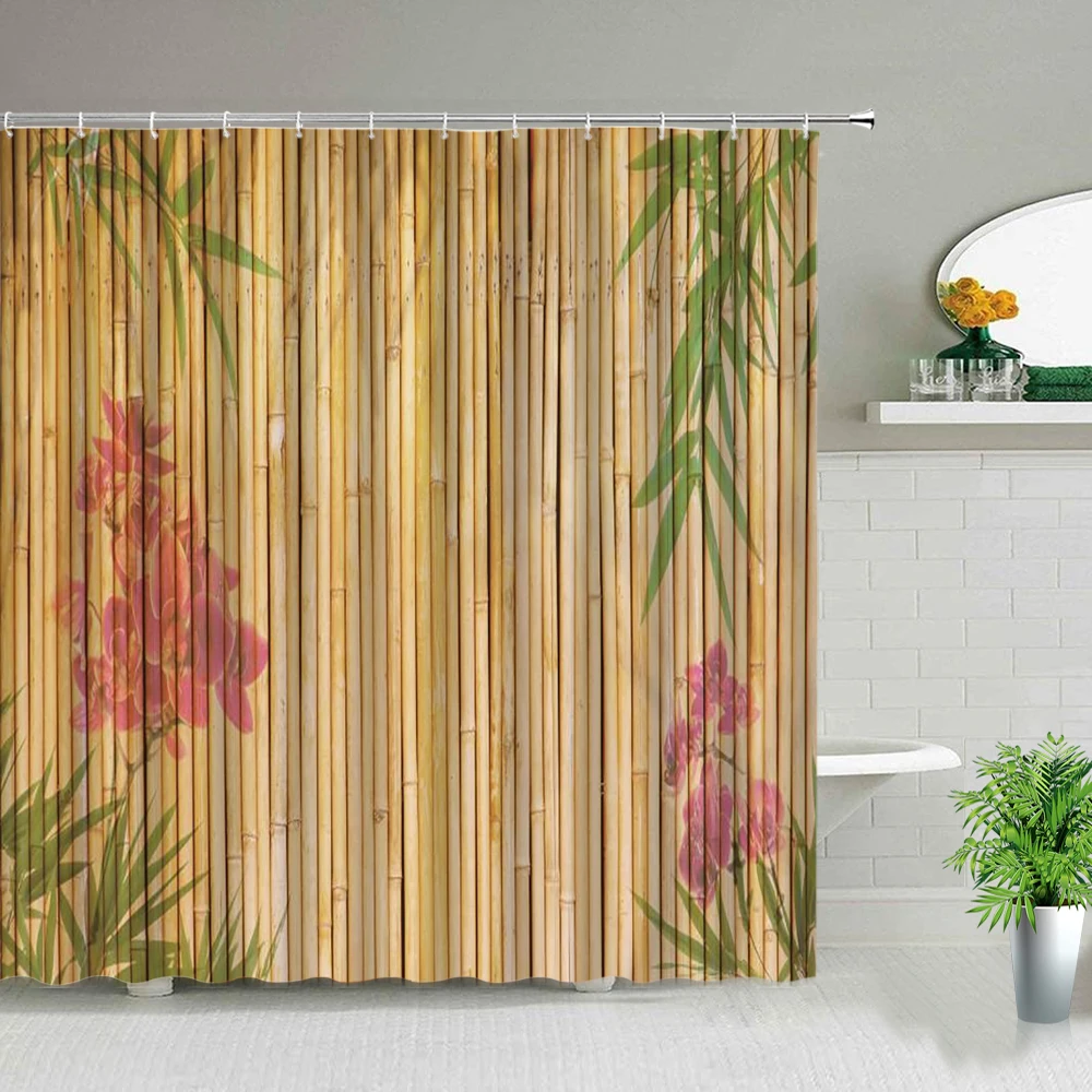 Green Bamboo Shower Curtain Wooden Doors Landscape Bath Accessories ...
