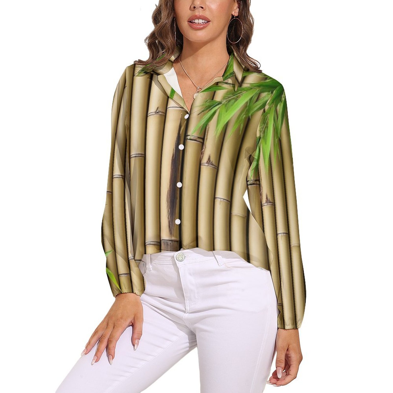 Green Bamboo Wood Panel-2 Vntage Casual Long Sleeve Shirt Blouse Woman ...