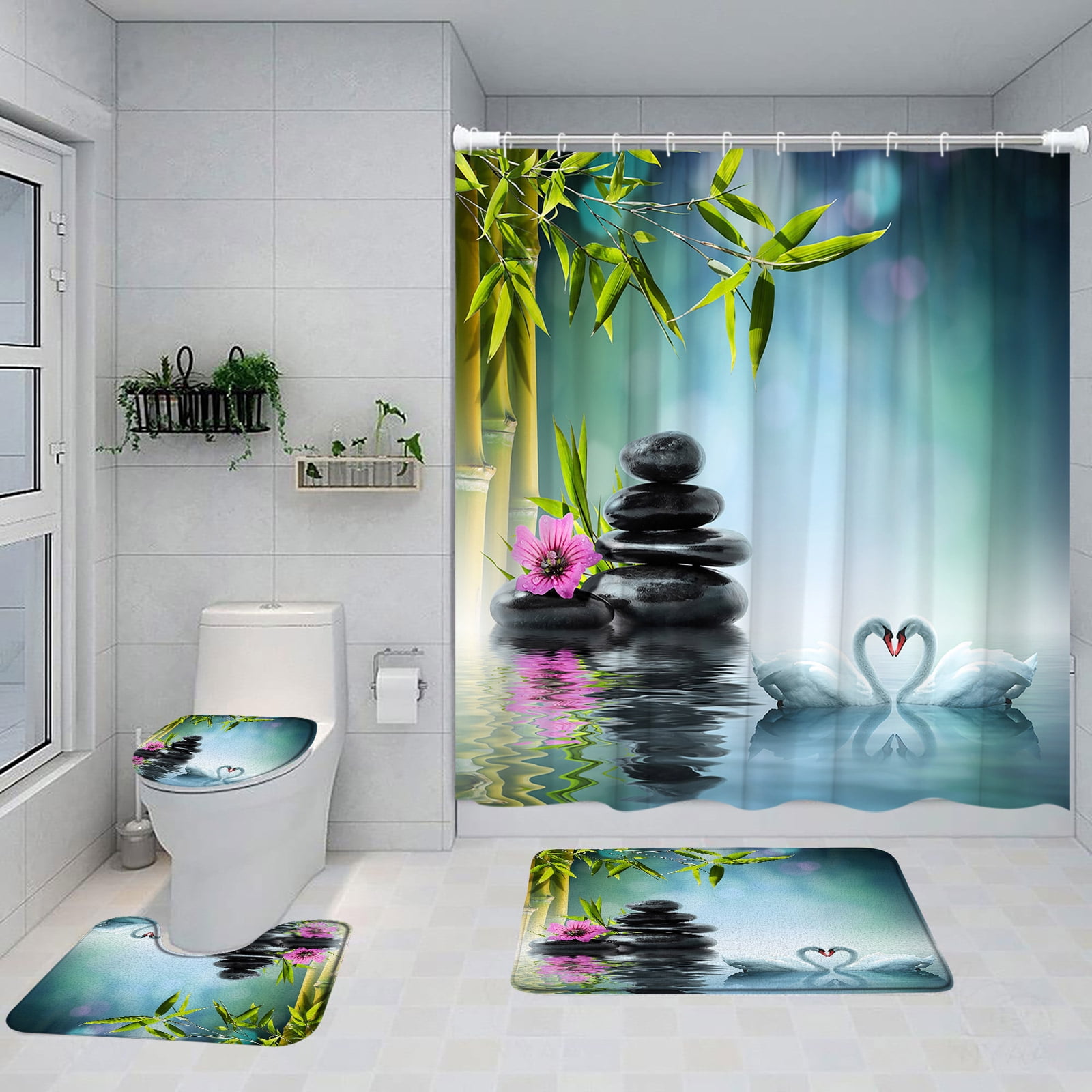 Green Bamboo Zen Shower Curtain Set Purple Orchid Butterfly Grey St Spa ...