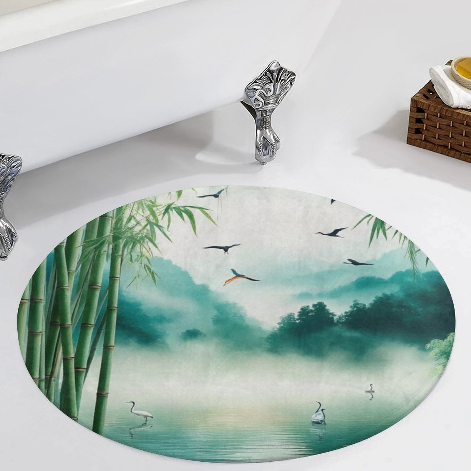 Green Bamboo Zen Stone Flower Chinese Style Landscape-2 Area Round ...