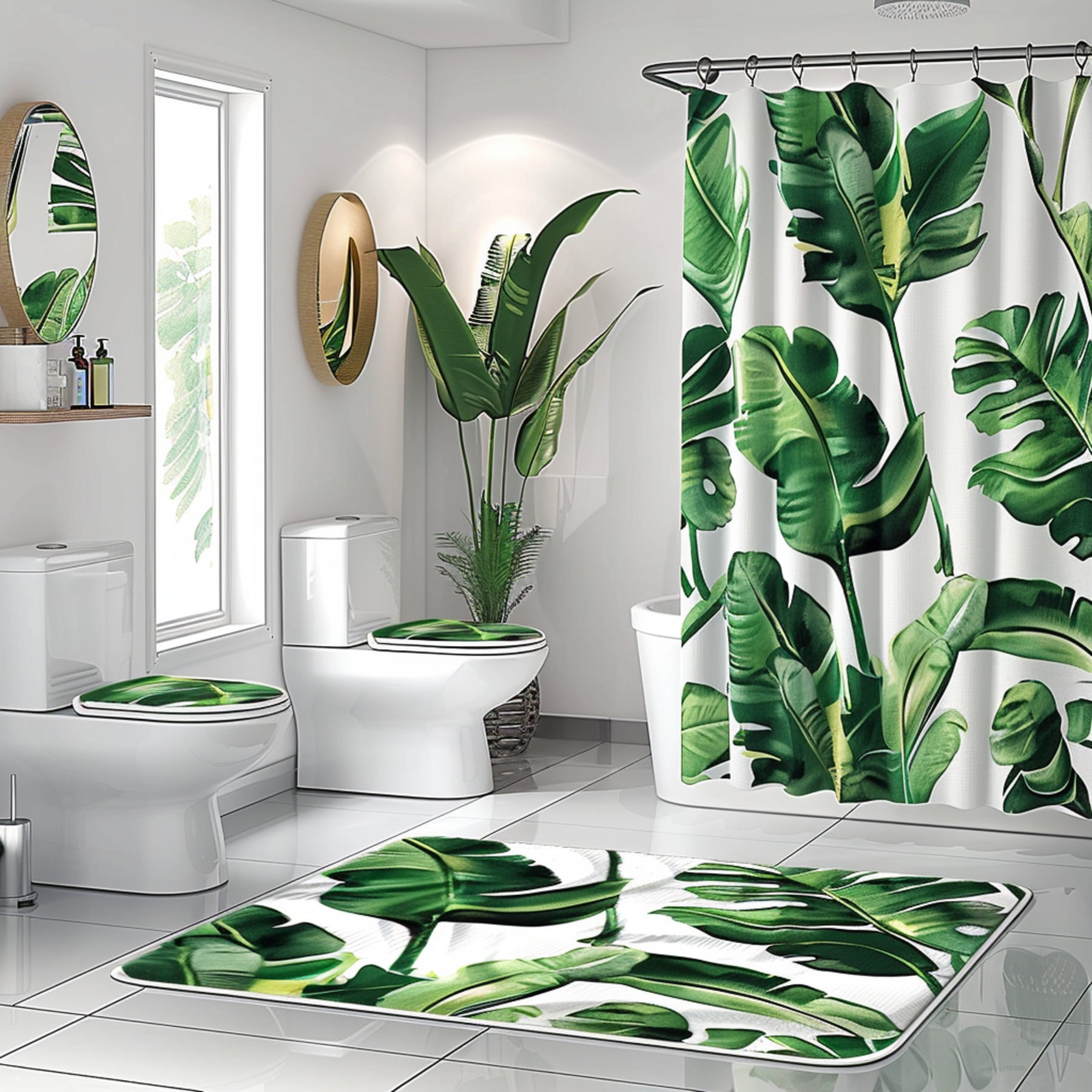 Green Banana Leaf Bathroom Set Shower Curtain Set Hyper Realistic Style ...