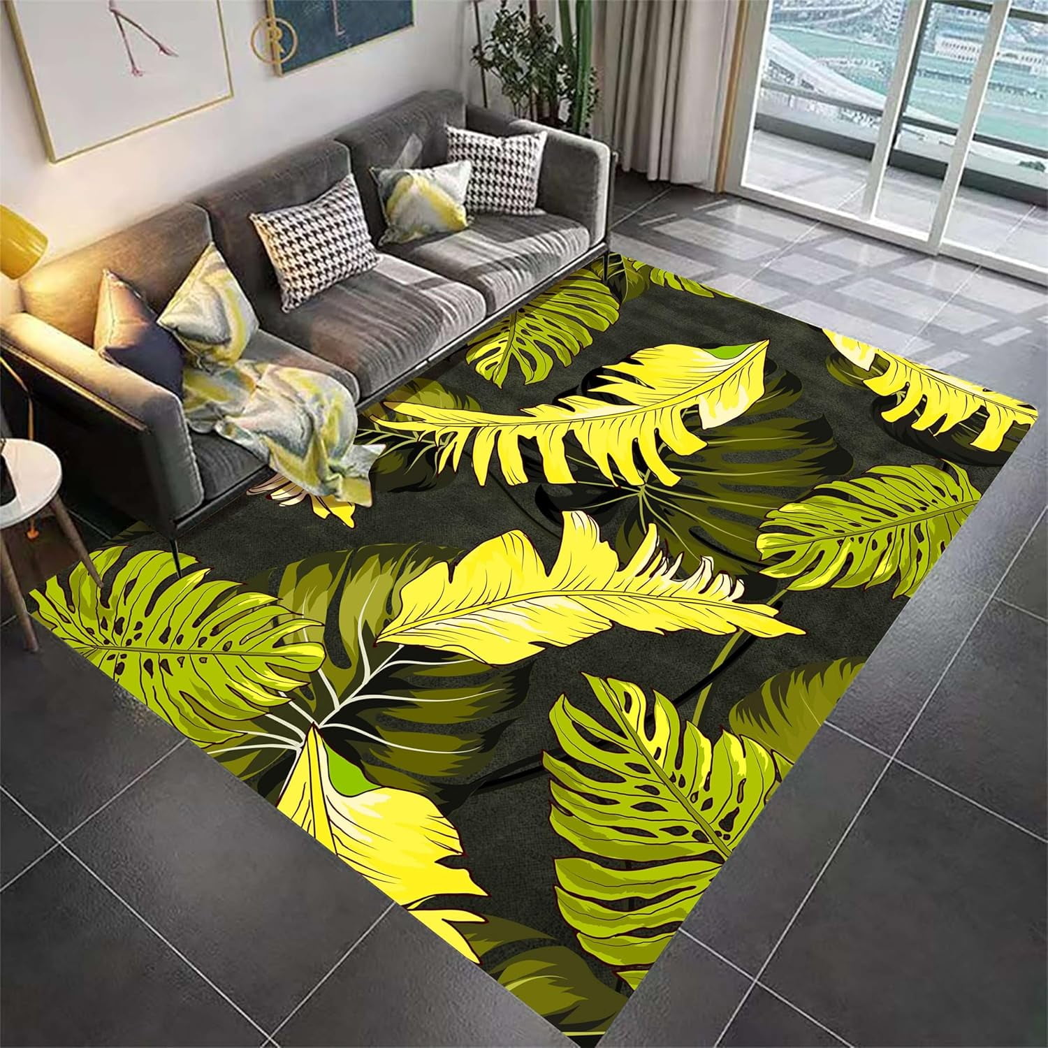 Green Banana Leaves Rug, Modern Tropical Yellow Green Palm Leaf Pattern ...