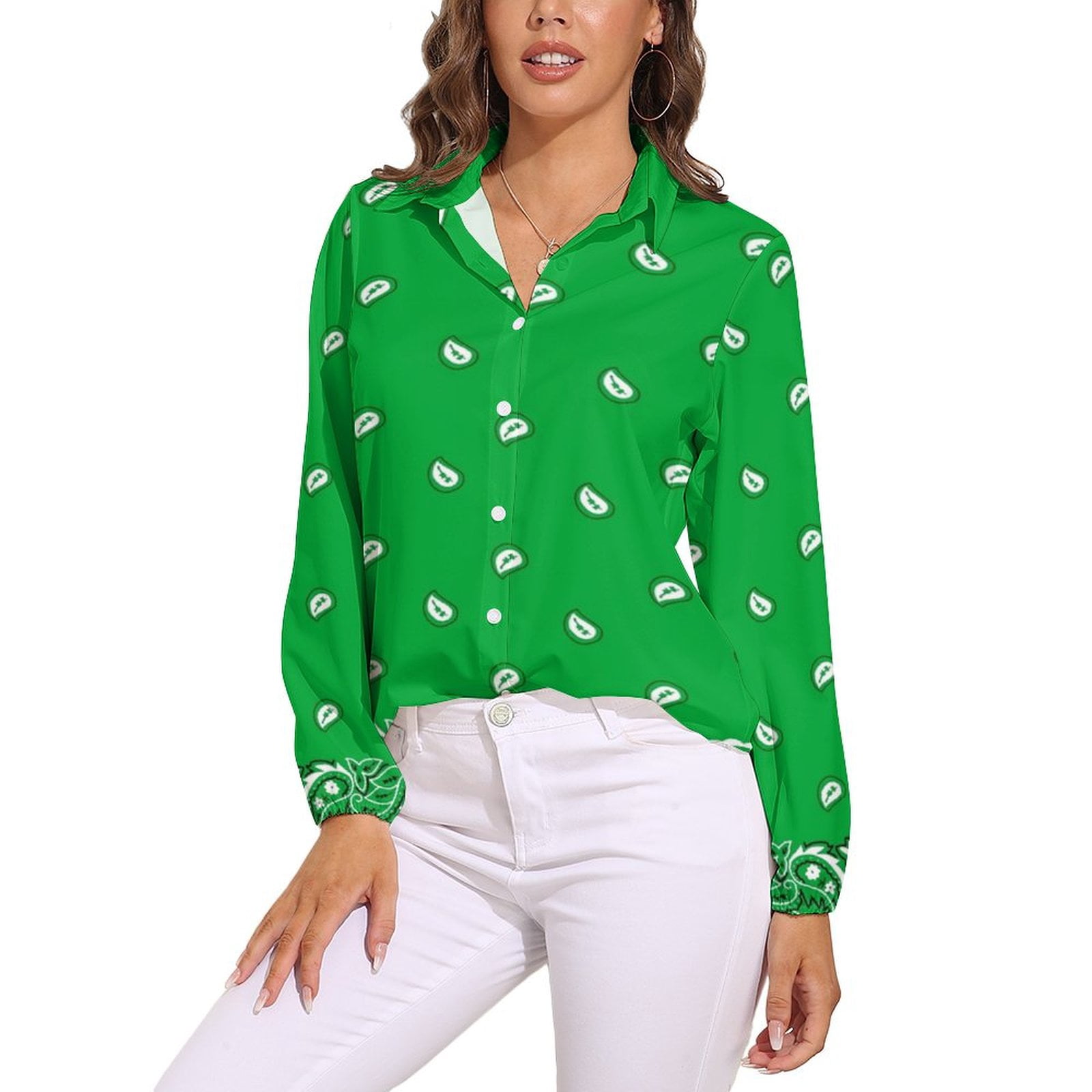Green Bandanana Long Sleeve Blouse Woman Streetwear Casual Shirts ...