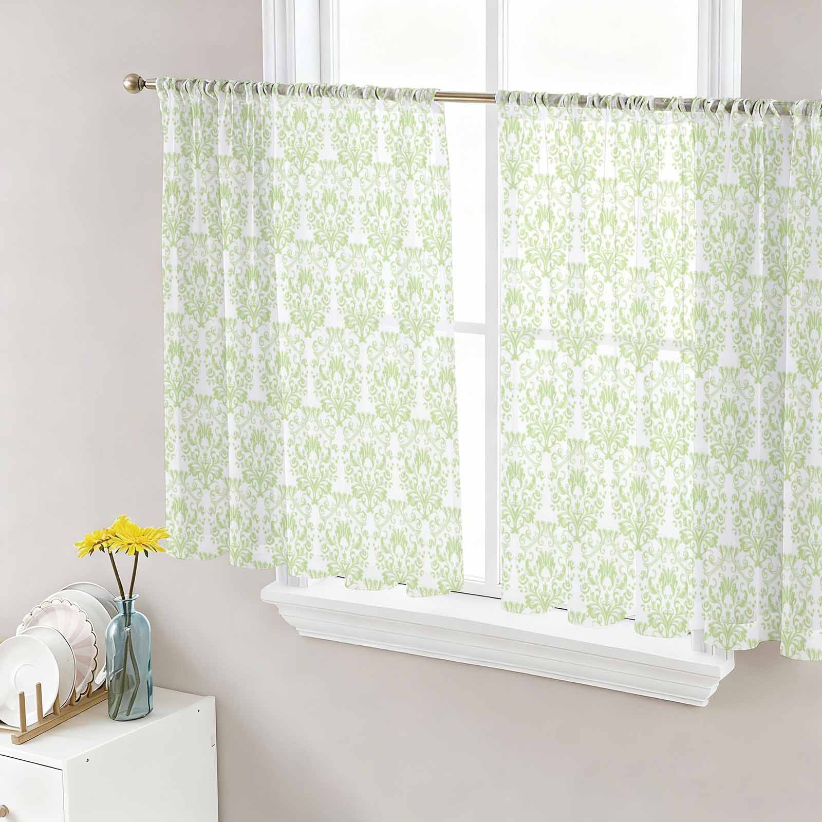 Green Baroque Semi Sheer Curtains 54 Inch Length 2 Panels Set, Abstract ...