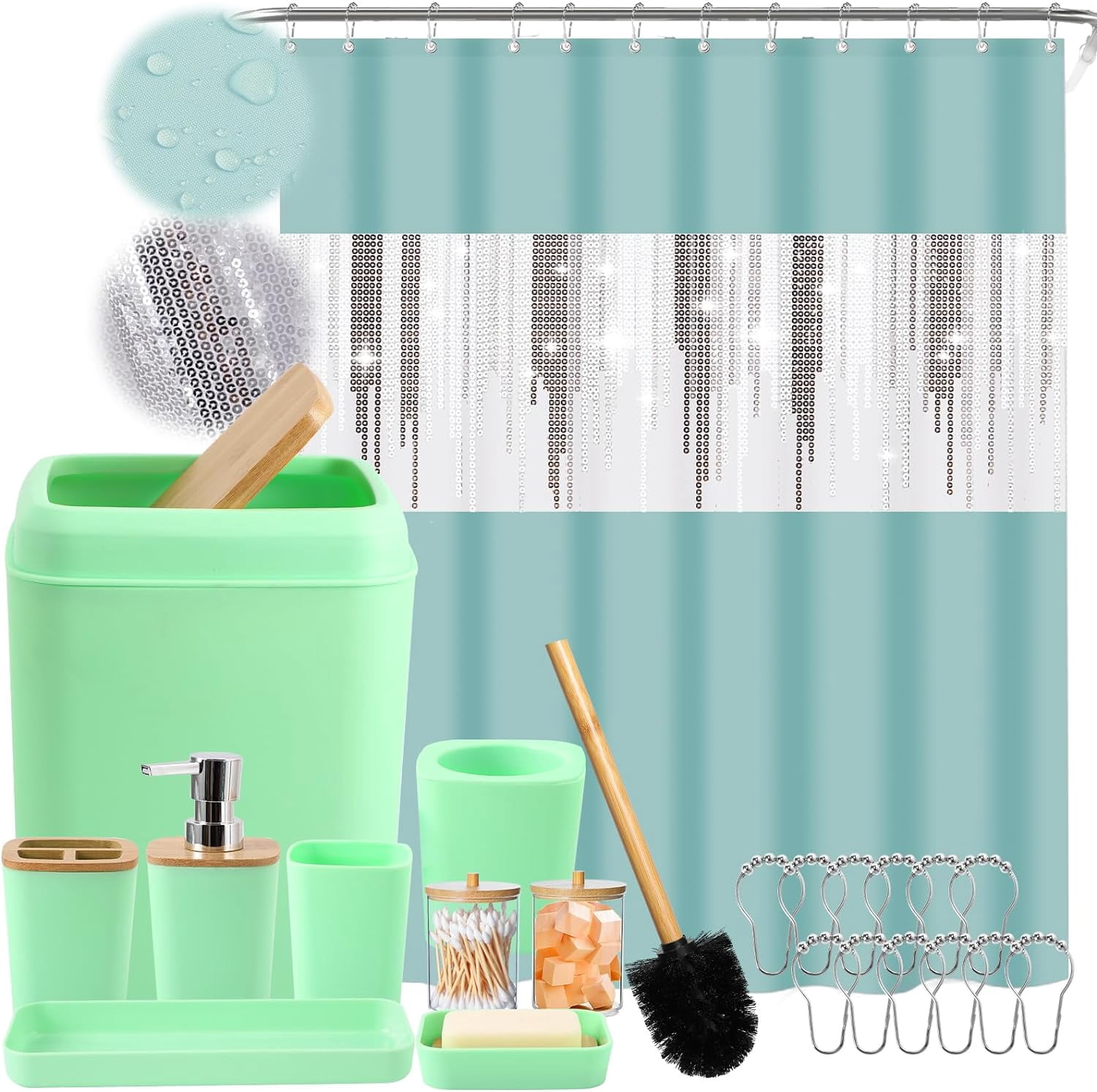 Green Bathroom Accessories with Glitter Shower Curtain,10 Piece ...