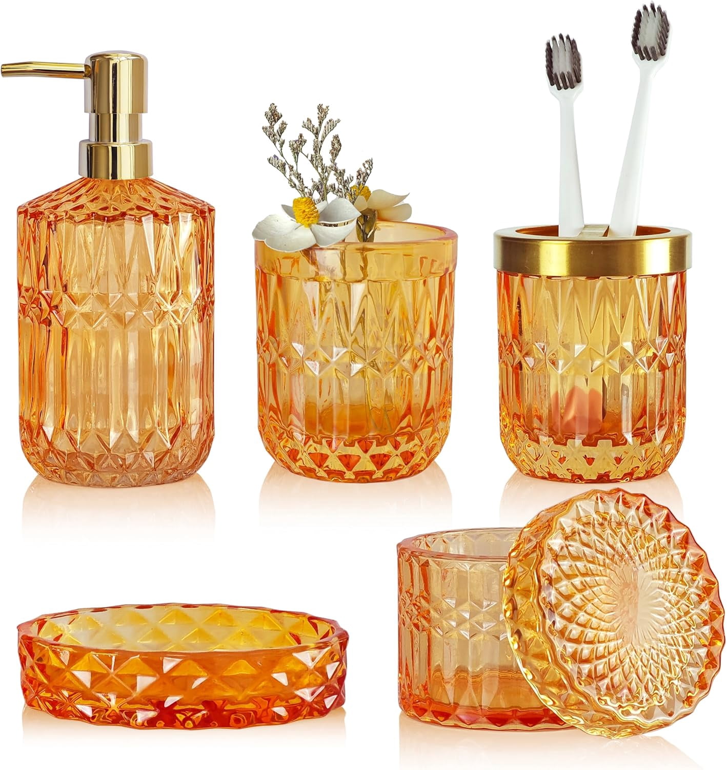 Green Bathroom Accessories Set, 5Pcs Clear Glass Bathroom Accessories ...