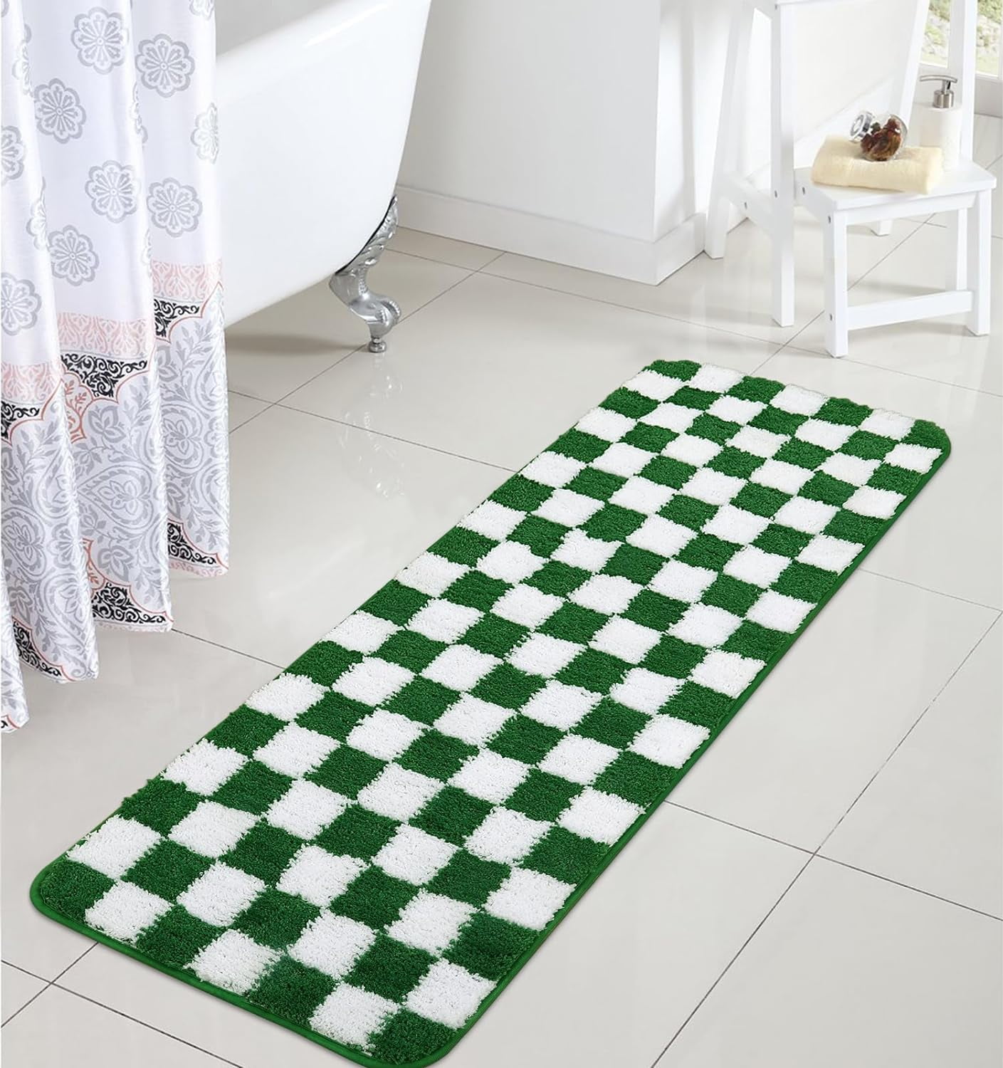 Green Bathroom Rug Runner, Modern Plaid Checkered Bath Mat for Tub, Non ...