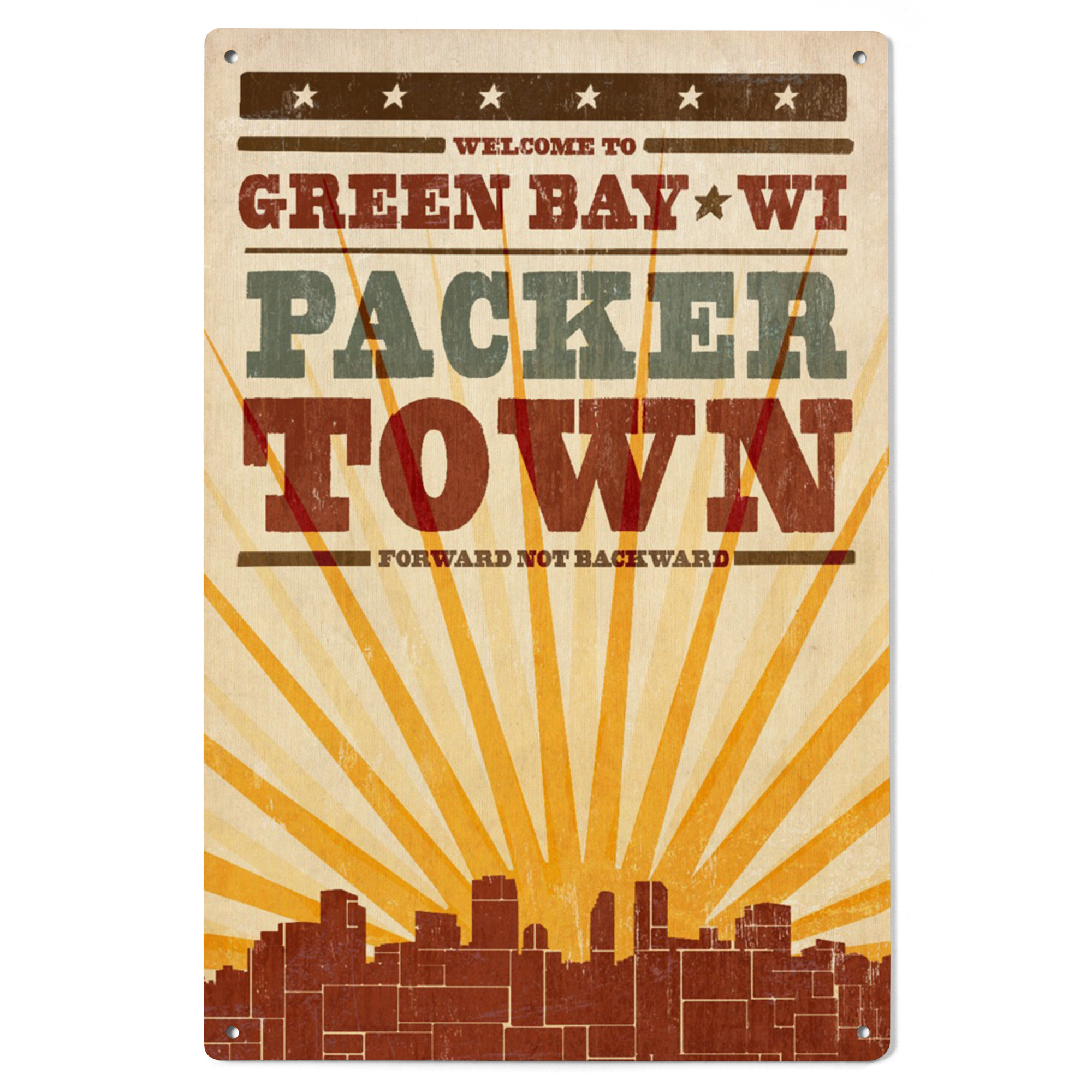 Green Bay, Wisconsin, Skyline and Sunburst Screenprint Style Birch Wood ...
