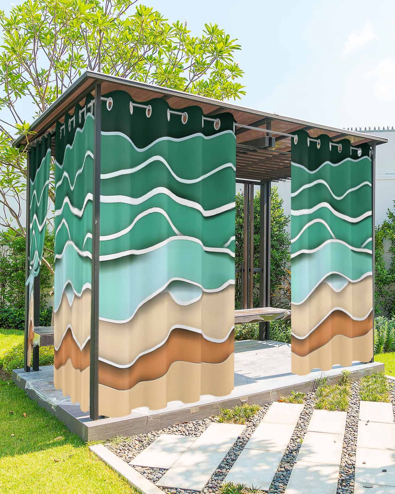 Green Beach Outdoor Curtains for Patio Waterproof,Abstract Stripes ...