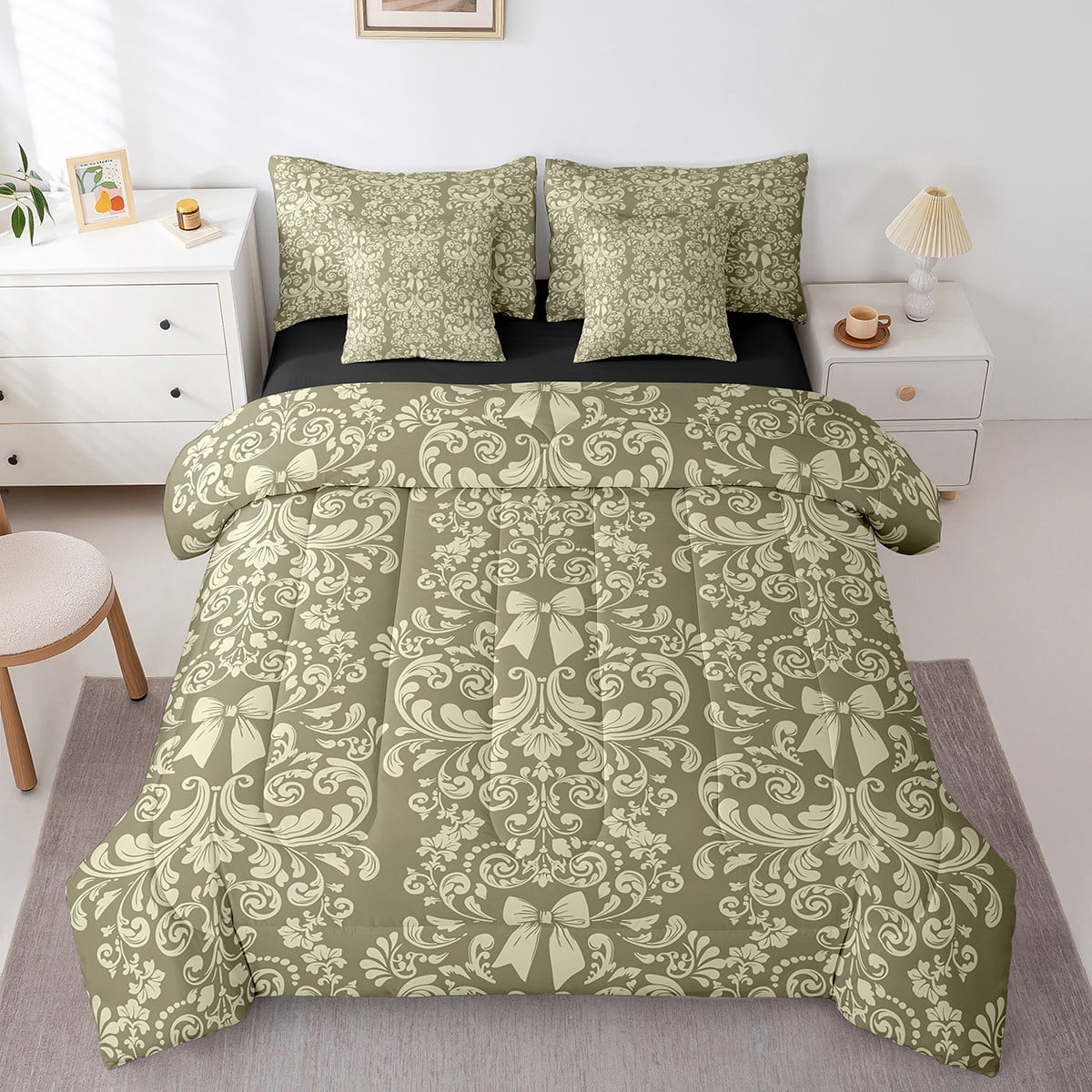 Green Beige Bow Knot 7 Piece Comforter Set Full Bed in a Bag,Antique ...