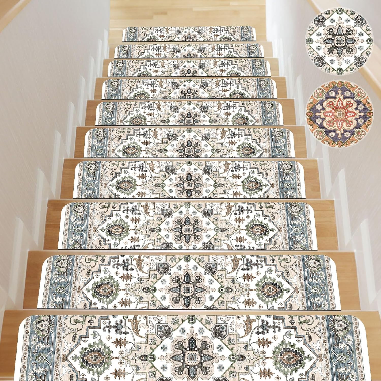 Green & Beige Carpet Stair Treads for Wooden Steps 30inX8in Indoor Non ...