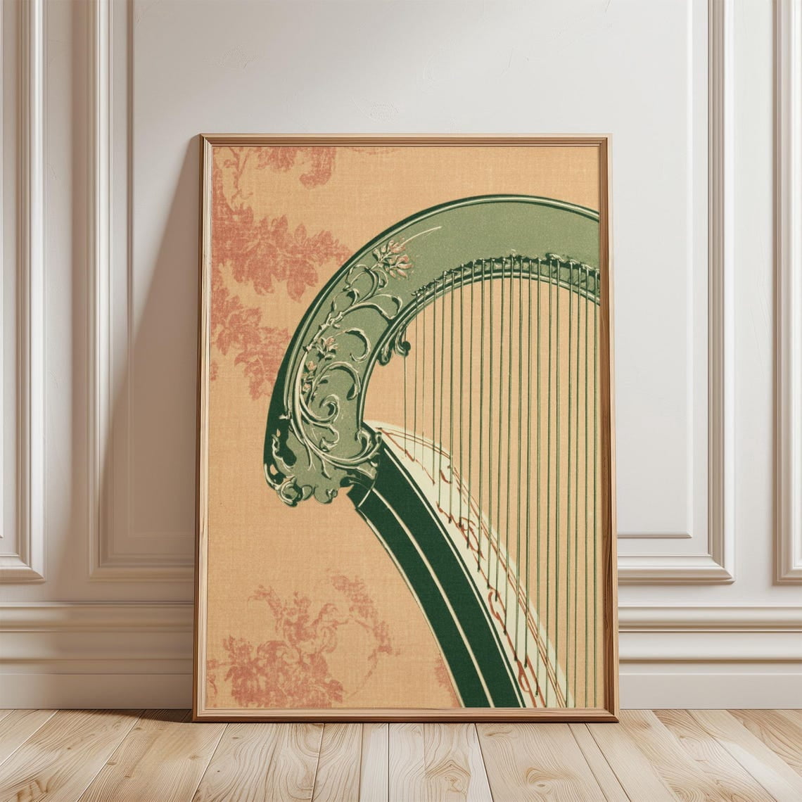 Green Beige Harp Vintage Musical Instrument Art Nouveau Style, Unframed ...