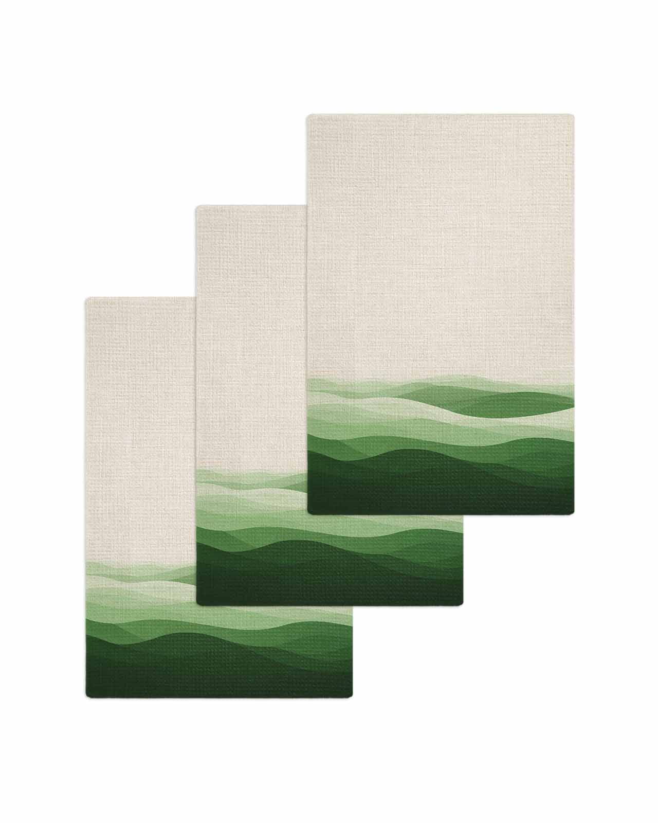 Green Beige Ombre Kitchen Dish Towels for Drying Dishes Set of 3, Minimalist Ocean Waves Linen ...